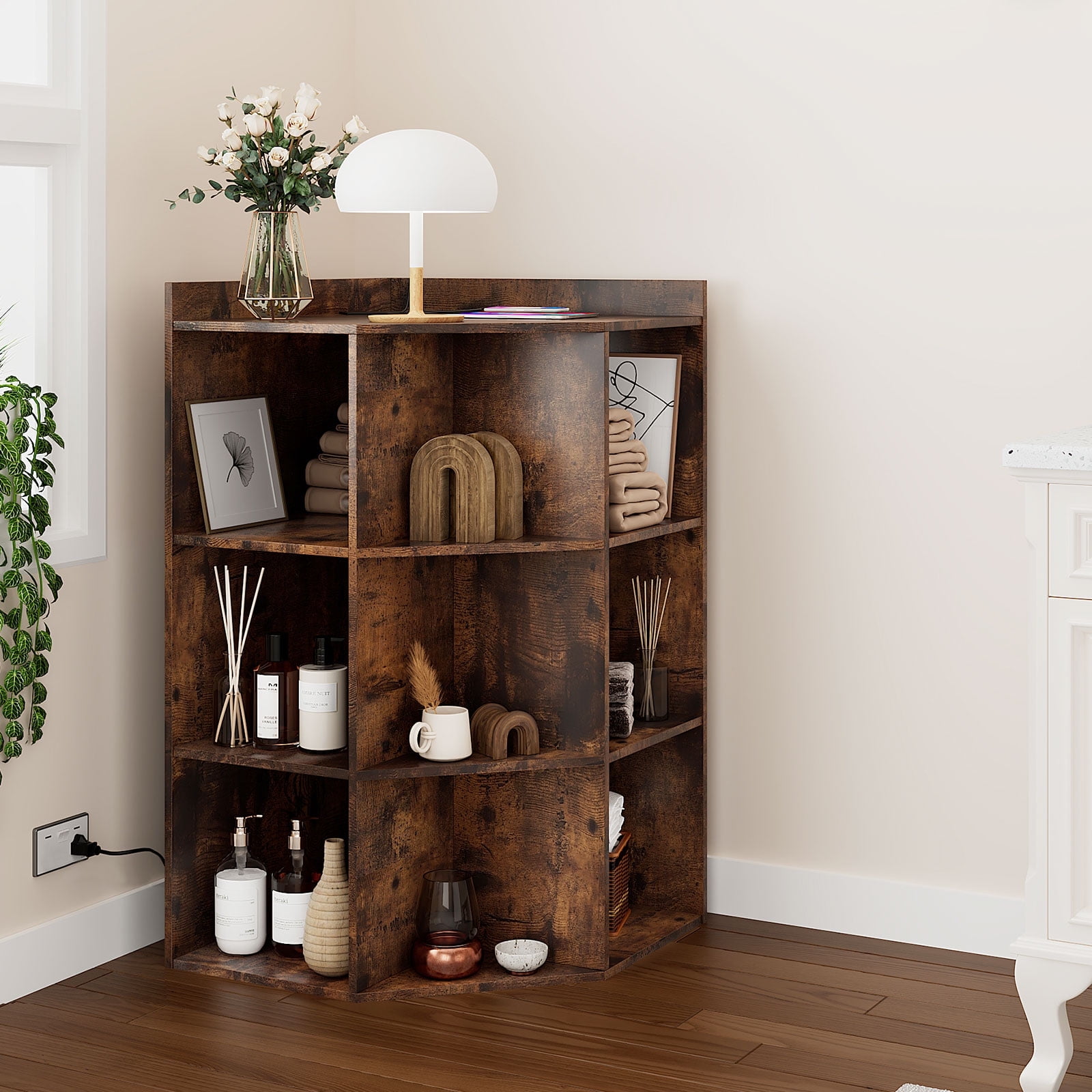Hironpal Rustic Brown Corner Cabinet with USB Ports and Outlets ...