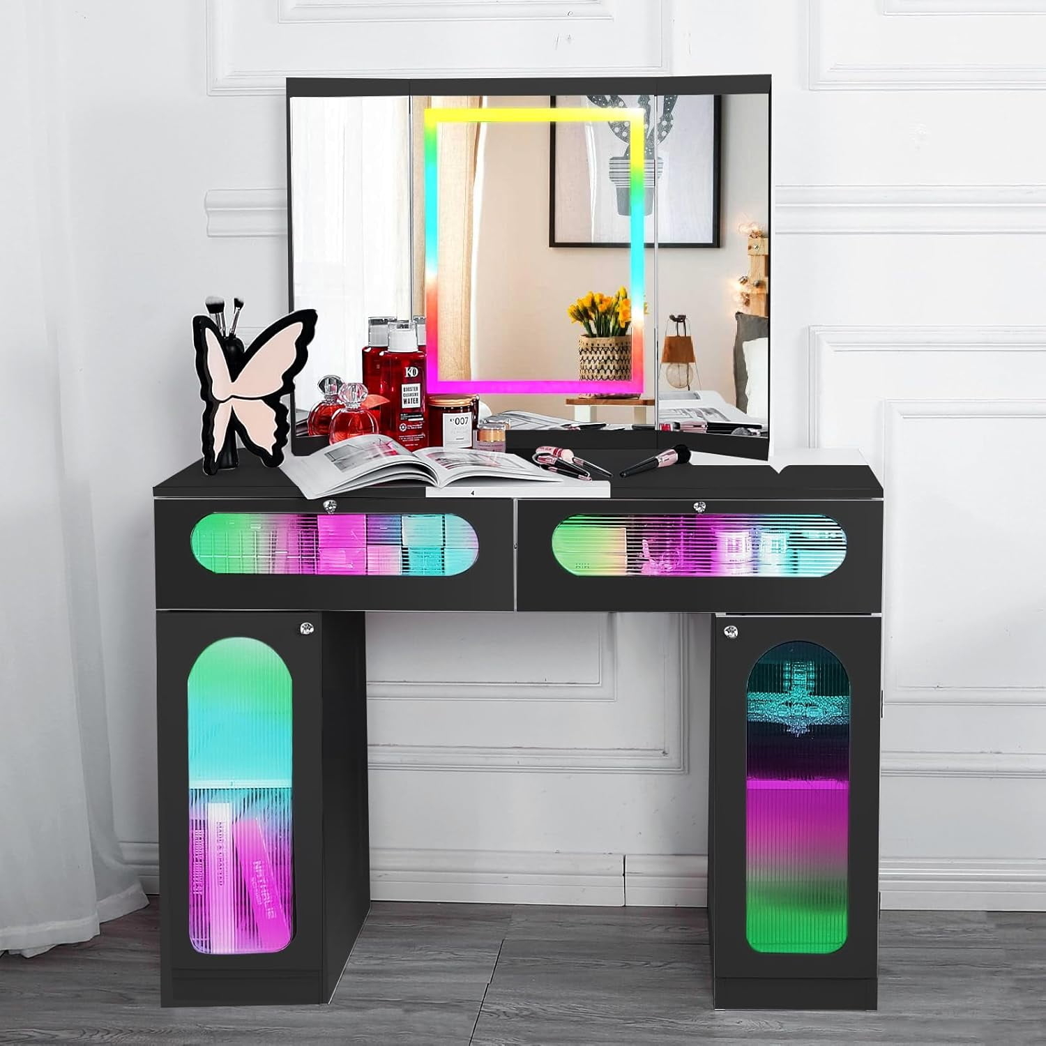 Hironpal Vanity Desk with Tri-folding Mirror and Lights, Makeup ...