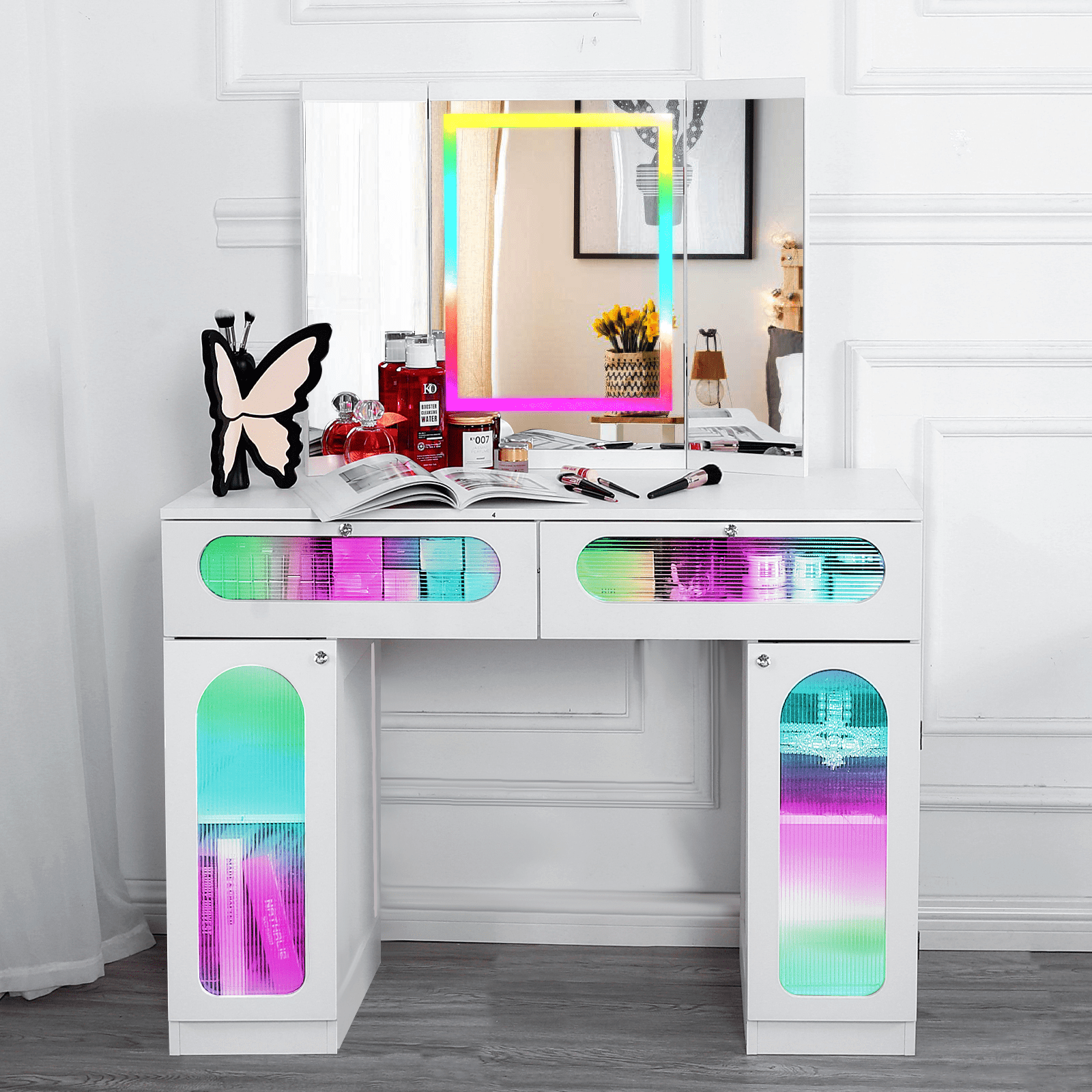 Hironpal Vanity Desk with Tri-folding Mirror and Lights, Makeup ...