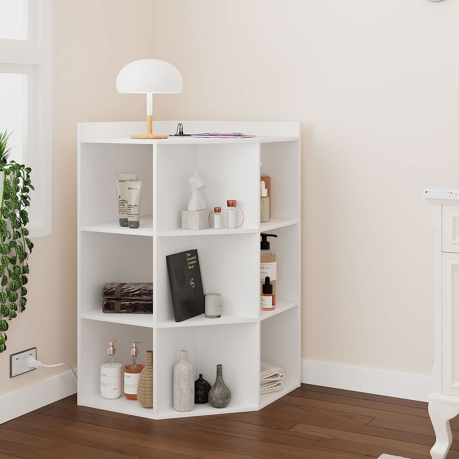 Hironpal White Corner Cabinet with USB Ports and Outlets - Wooden Cubby ...