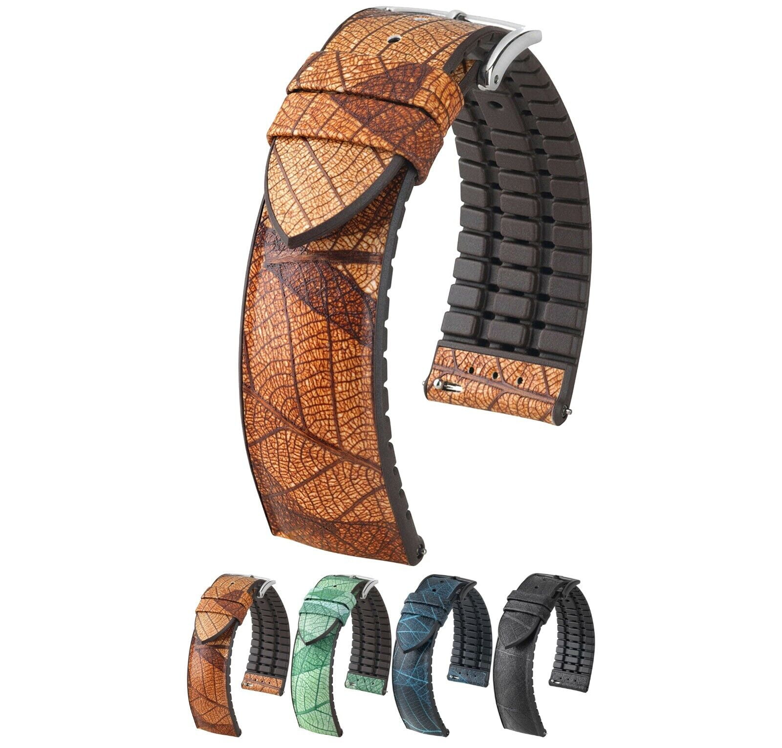 Hirsch Leaf Vegan Leather Watch Strap - Brown - L - 20mm - Silver ...