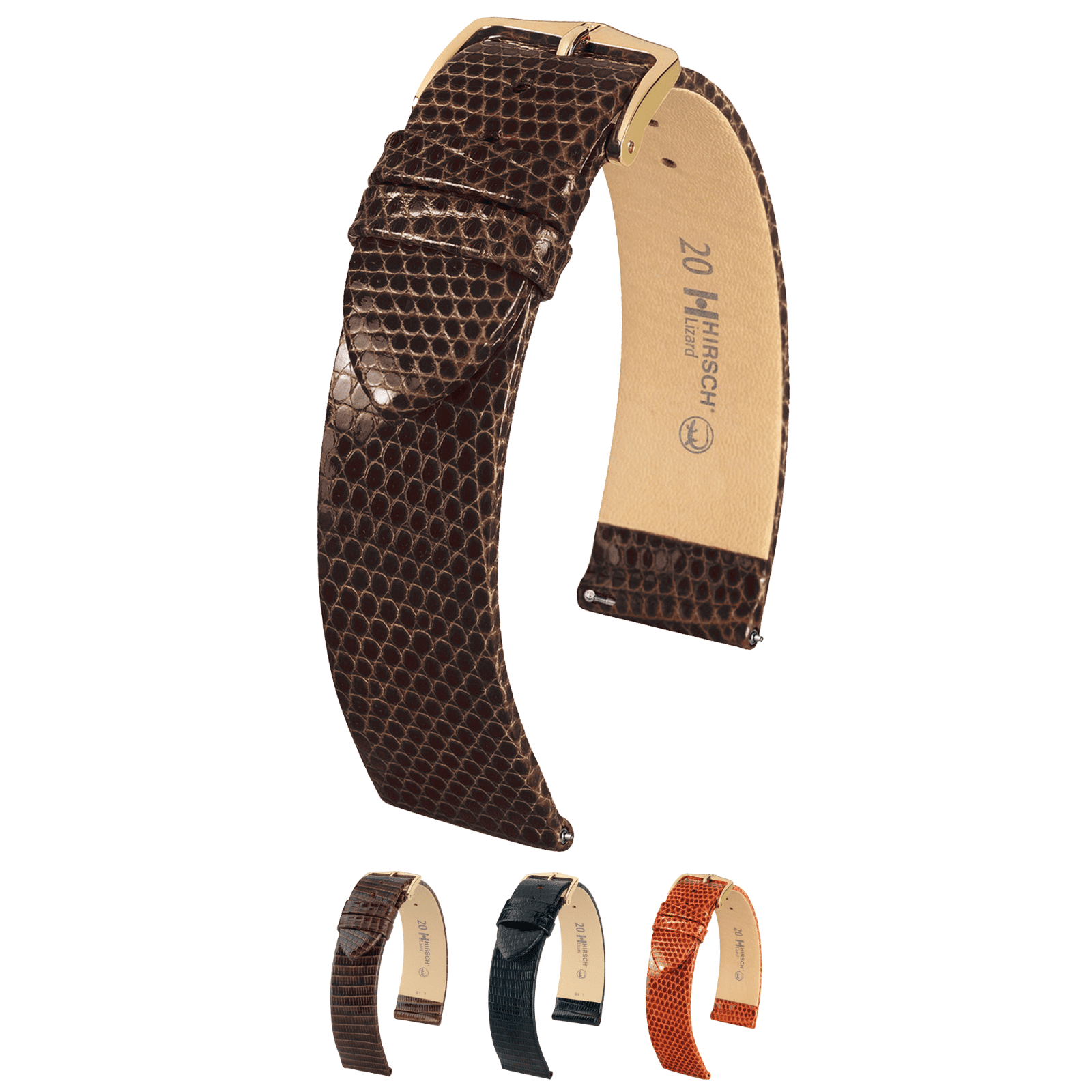 Hirsch Lizard Leather Watch Strap Brown L 19mm Gold Buckle