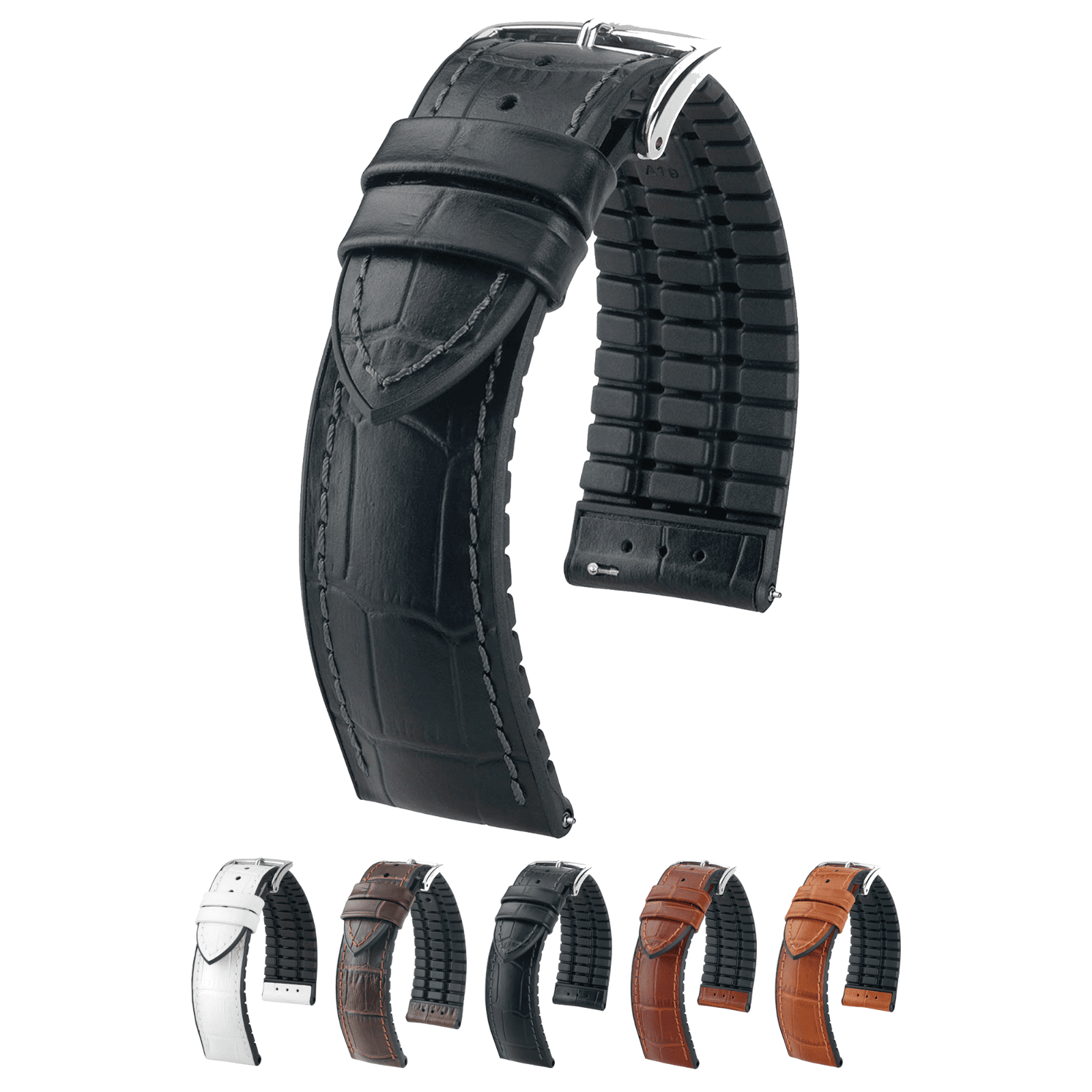 Hirsch Paul Embossed Leather Watch Strap - Black - M - 20mm - Silver ...