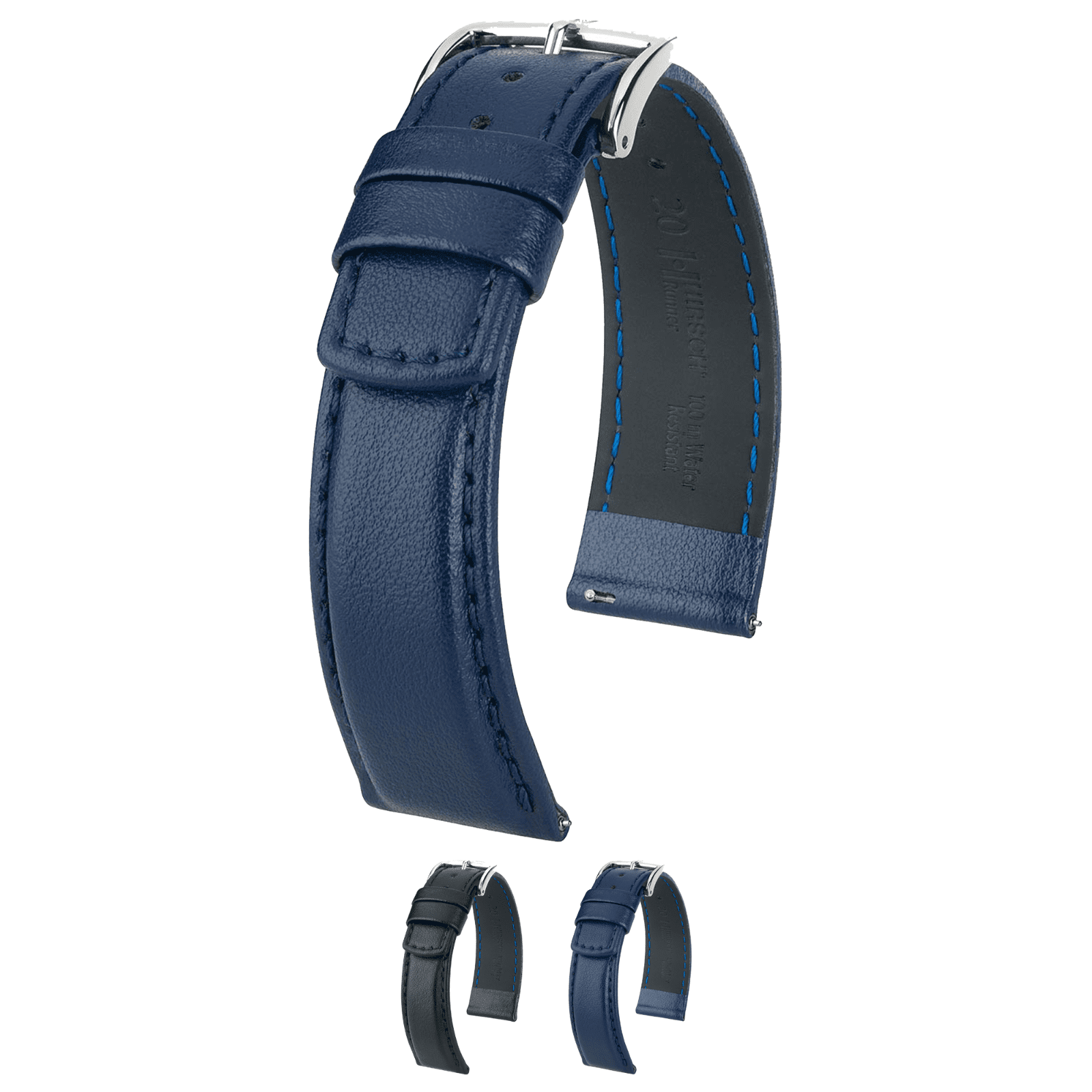 Hirsch Runner Leather Watch Strap - Blue - L - 21mm - Silver Buckle ...