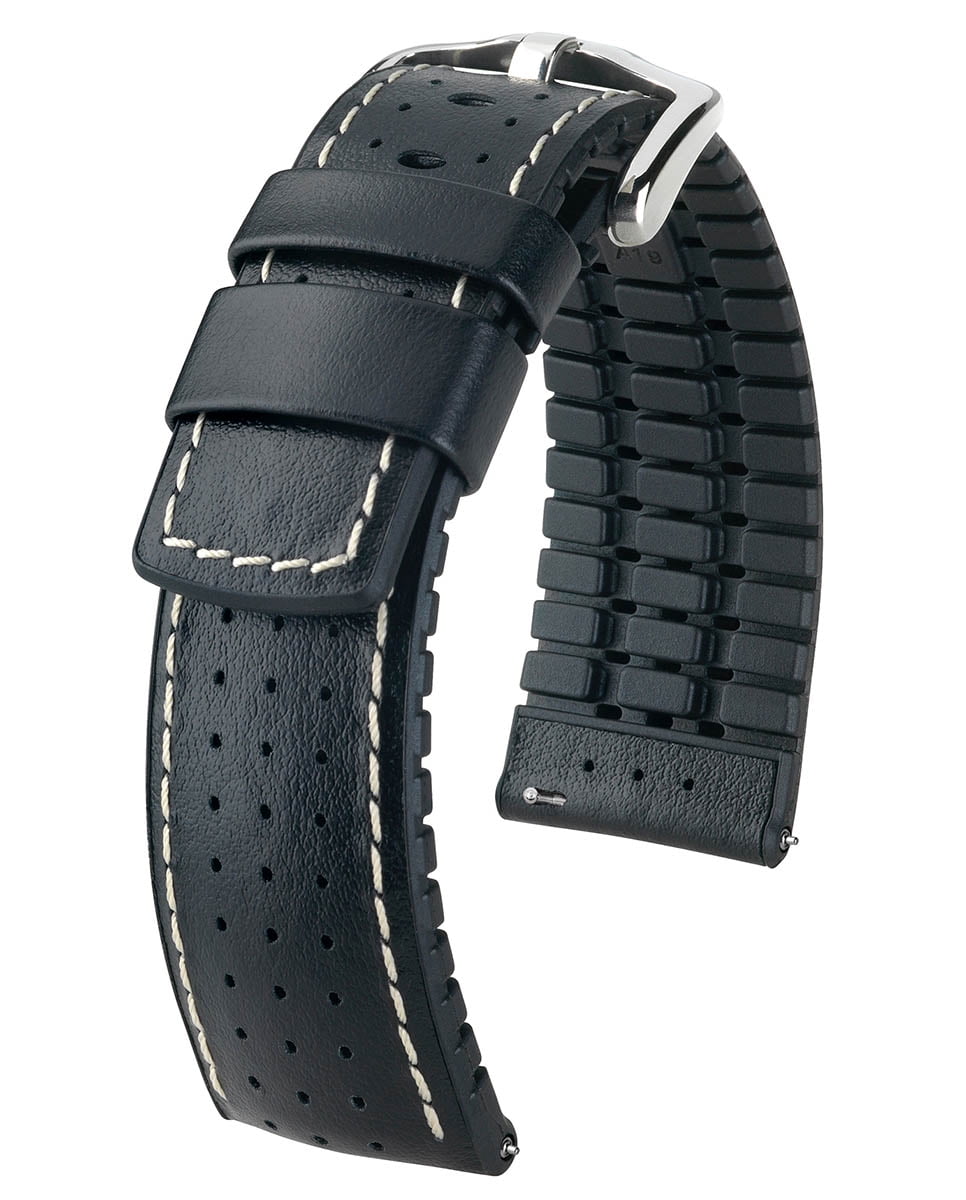 Hirsch Tiger Leather Watch Strap - Black - L - 22mm - Silver Buckle ...