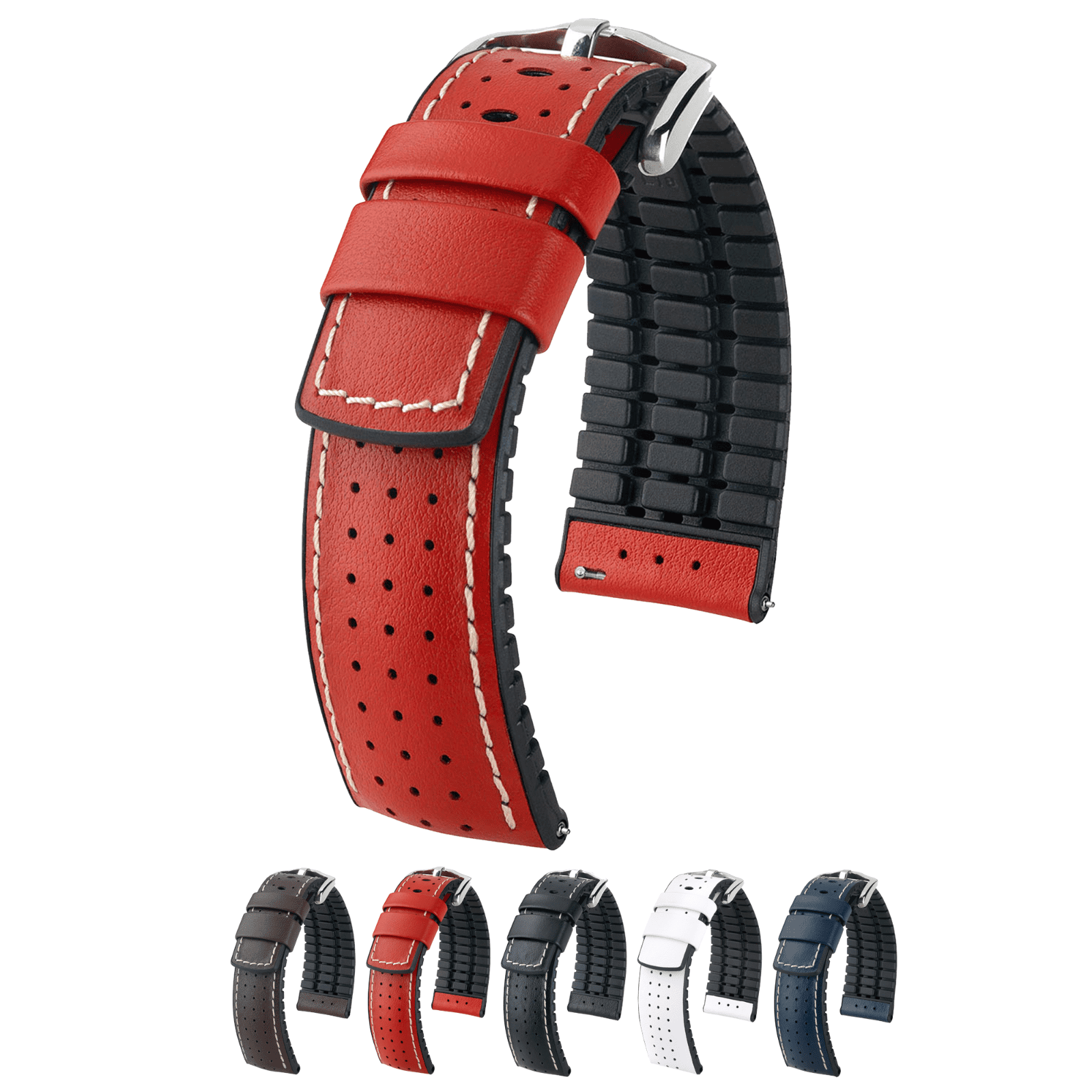Hirsch Tiger Leather Watch Strap - Red - L - 22mm - Silver Buckle ...