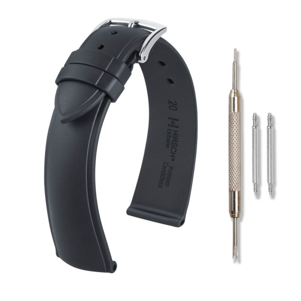Hirsch Urbane Caoutchouc Watch Strap - Black - L - 22mm - Shiny Silver ...