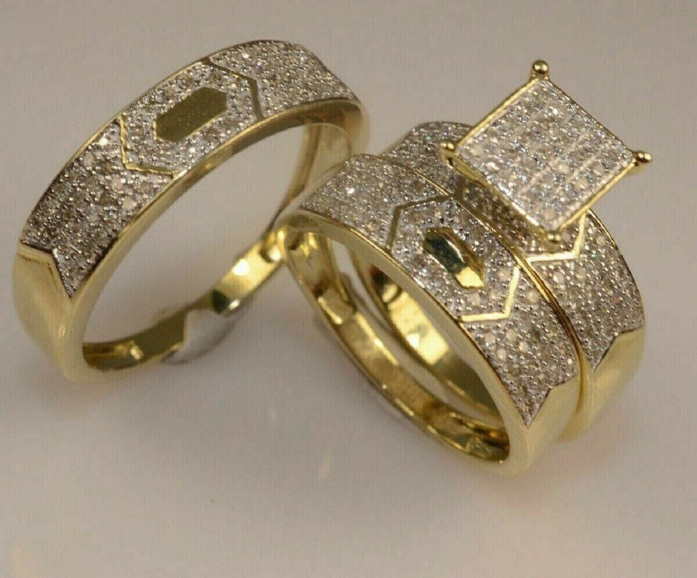 His Her Engagement Wedding Trio Ring Set Simulated Diamond 14k Yellow ...