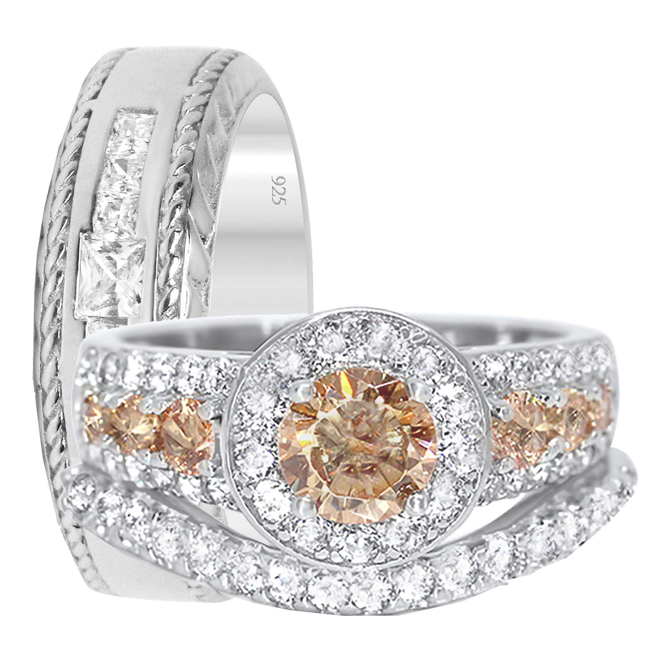 His Her Wedding Set 3 Piece TRIO Matching Sterling Silver Wedding ...