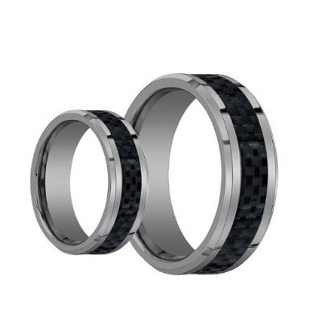 His & Her's 8MM/6MM Tungsten Carbide Wedding Band Ring Set With Black ...