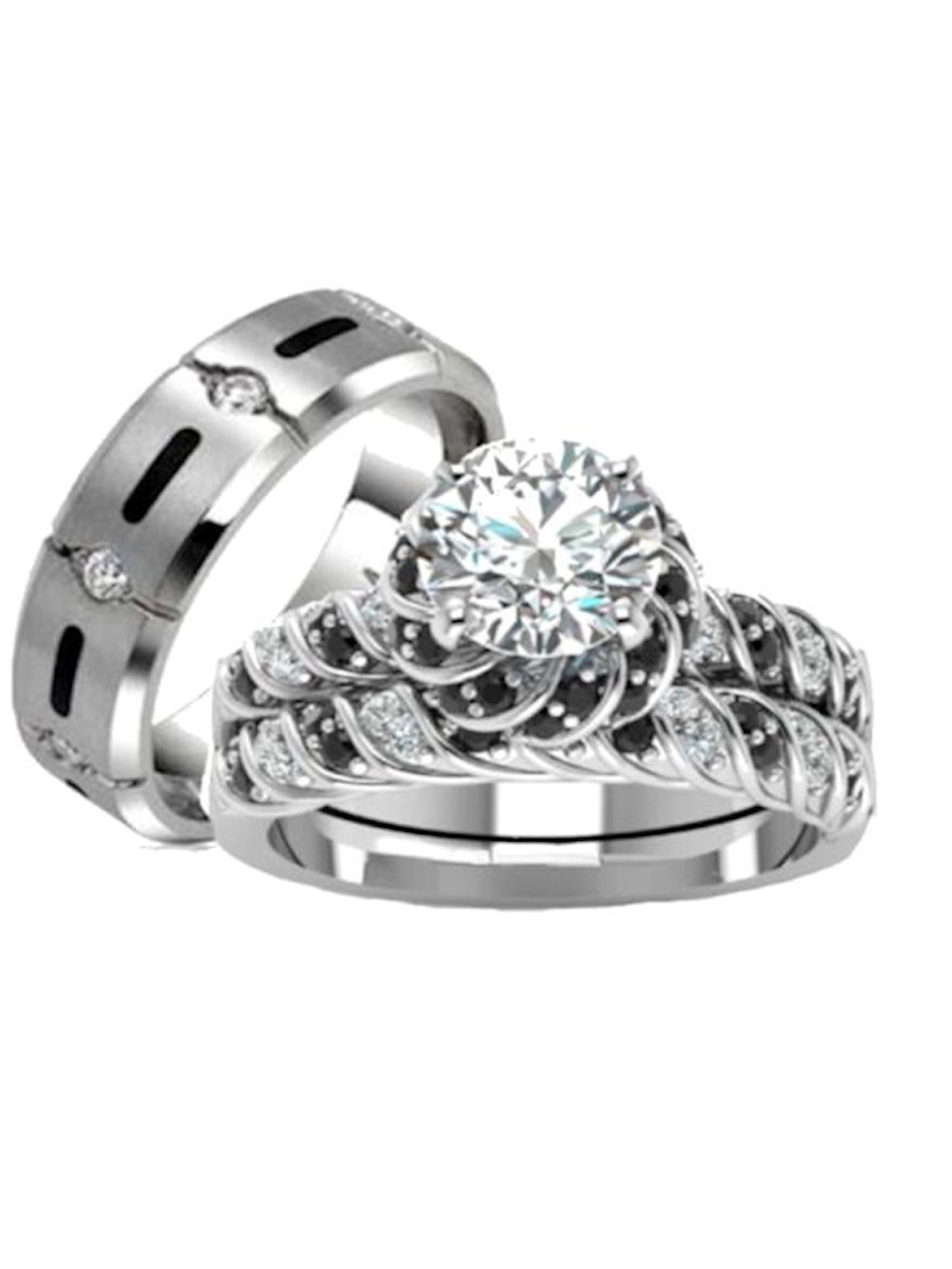 His Hers 3 Piece 925 Sterling Silver and Titanium CZ Wedding Ring Set ...