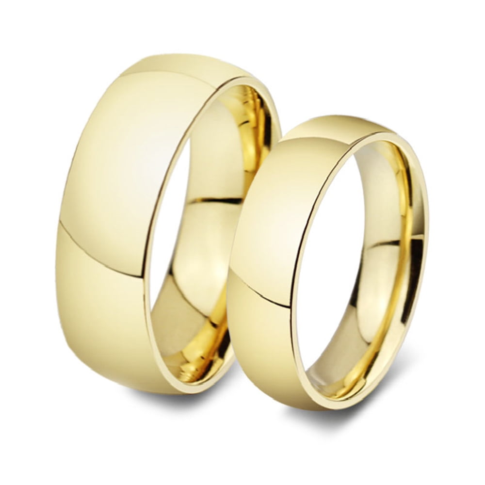 His & Hers 8mm / 6mm 316L Classic Gold Plated Dome Shape Design Wedding ...