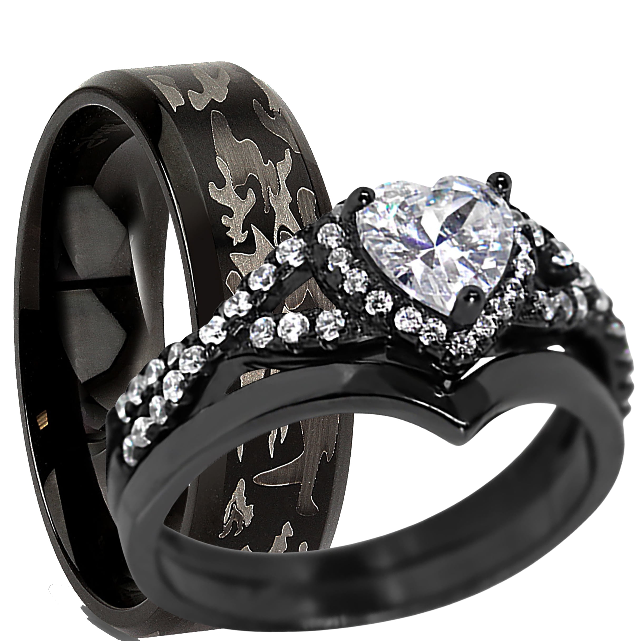 His Hers Black Wedding Ring Set Matching Couples Rings for for Women ...