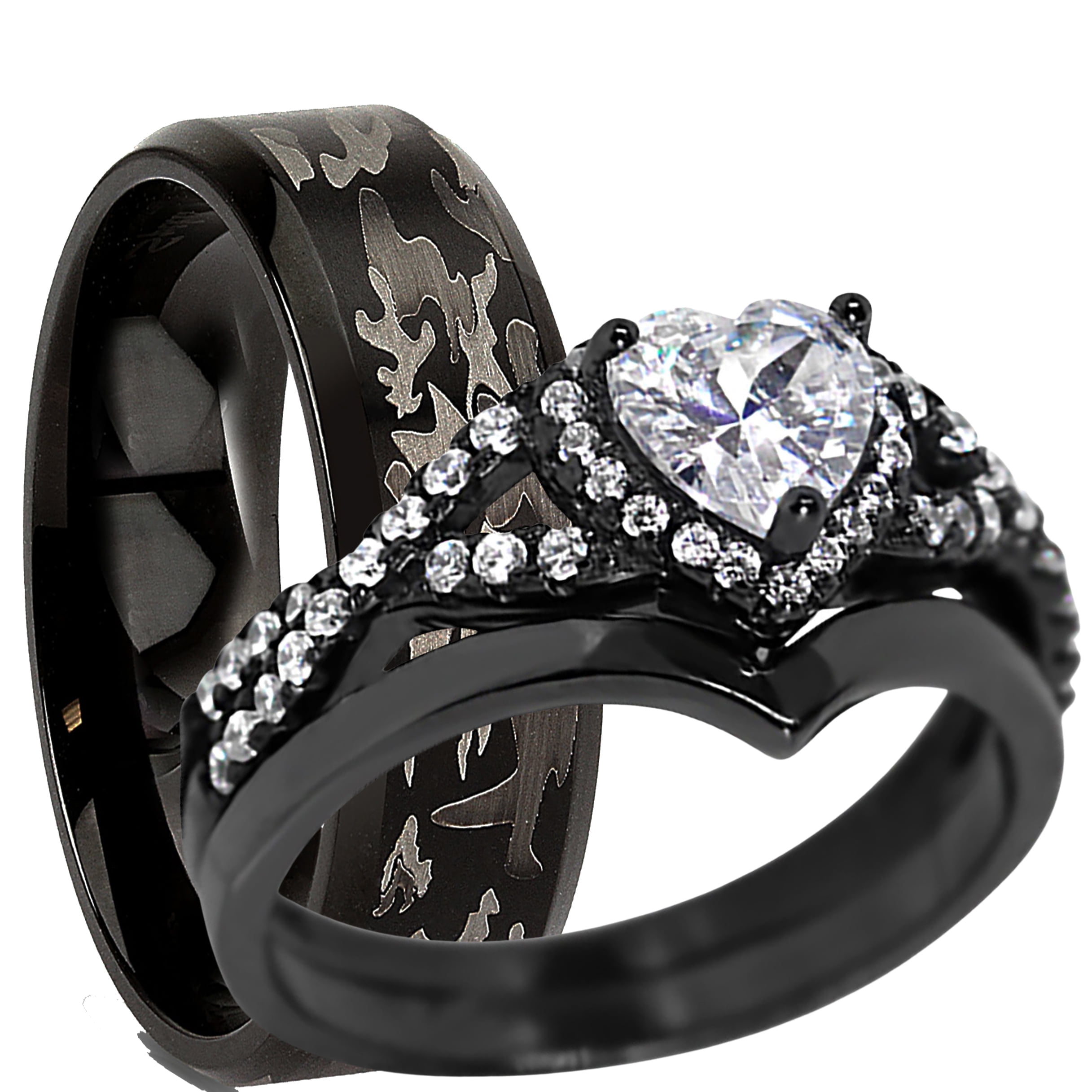 His Hers Black Wedding Ring Set Matching Couples Rings for for Women ...