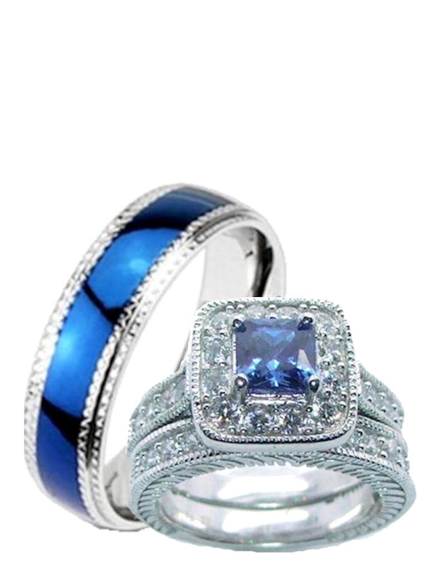 His Hers Blue & Clear Cz Wedding Ring Set Sterling Silver and Stainless ...