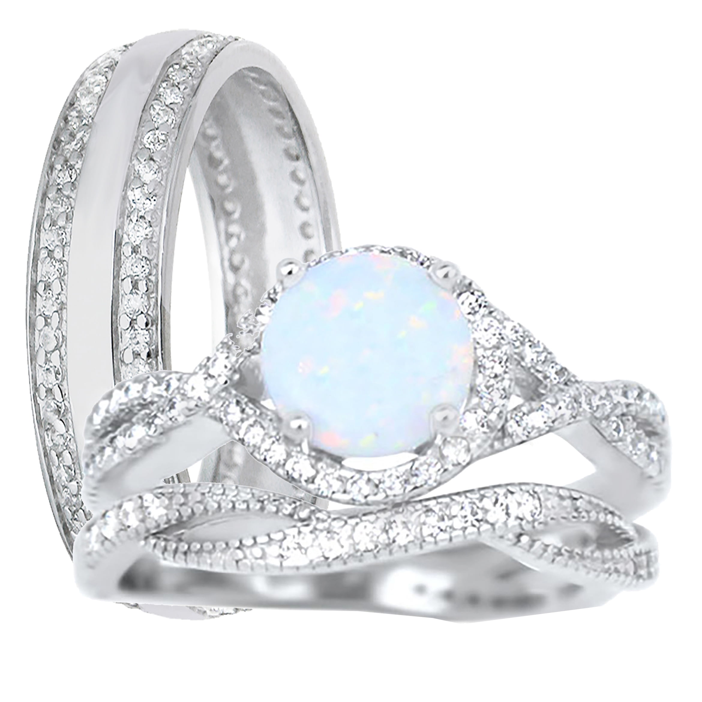 His Hers TRIO Wedding Set Sterling Silver Wedding Rings White Opal ...