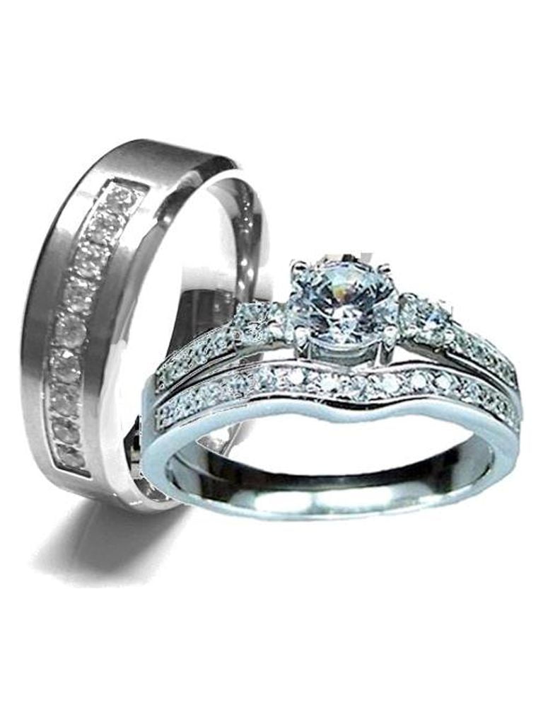His Hers Wedding Ring Set Sterling Silver Diamond Cut Cz Wedding Ring ...