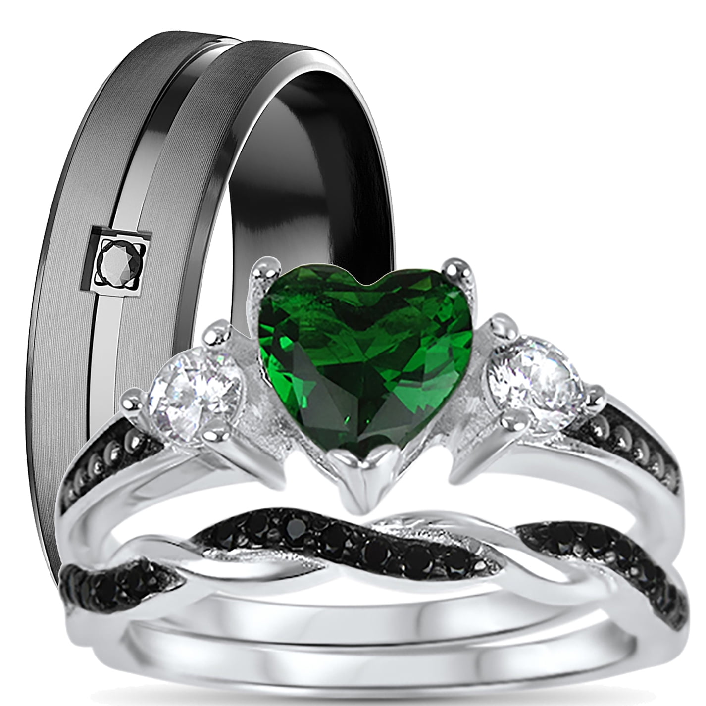 His Hers Wedding Ring Set TRIO 3 PCS Simulated Emerald Bridal Set ...