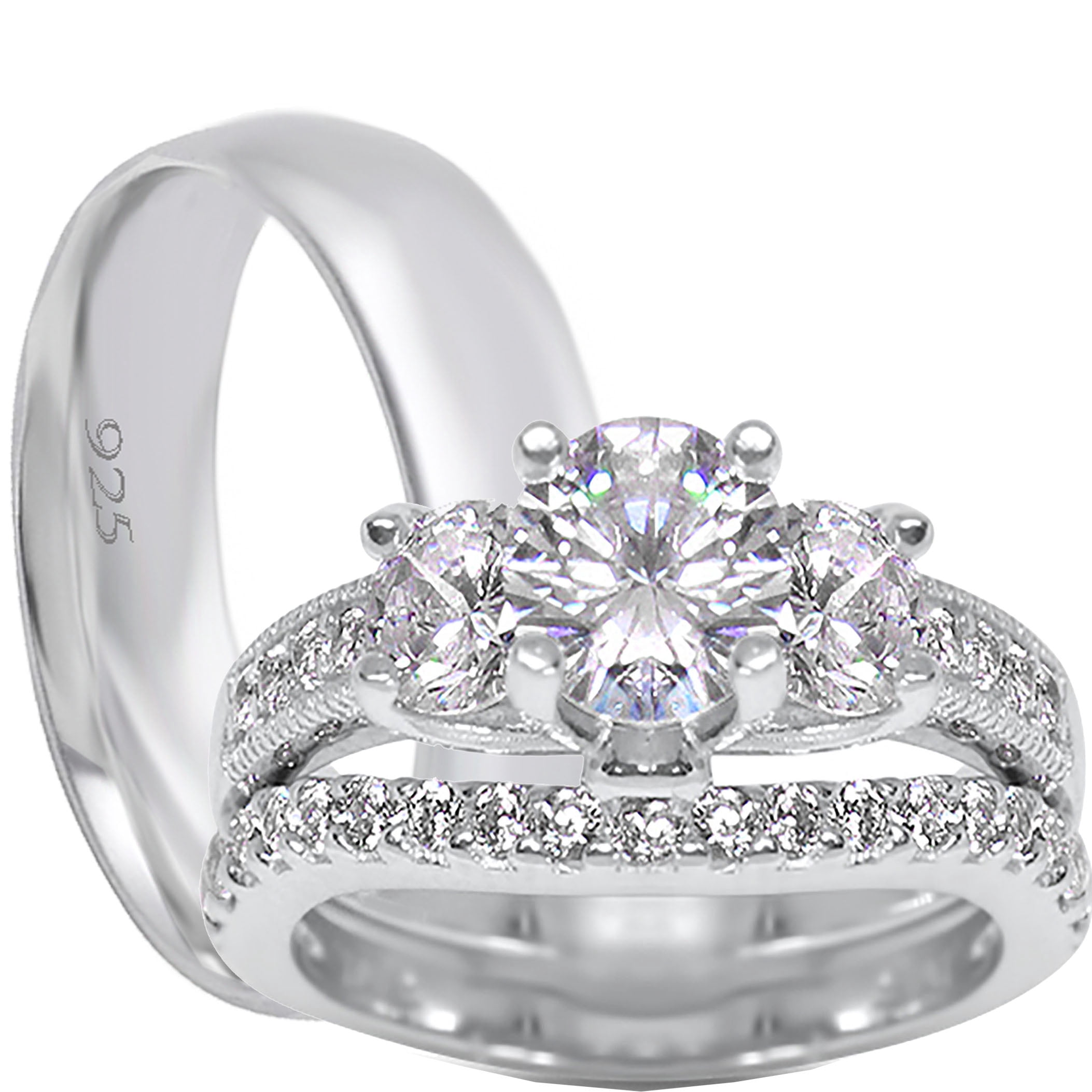 His Hers Wedding Ring Set TRIO Matching Couples Engagement Rings for ...