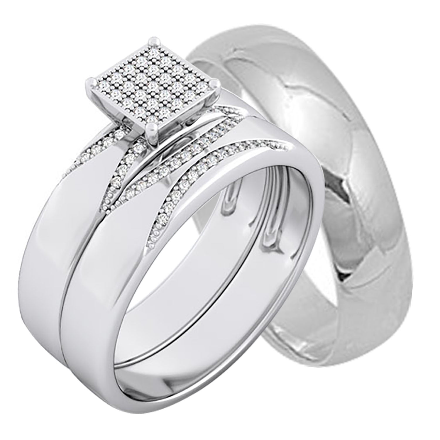 His Hers Wedding Ring Set TRIO Matching Sterling Silver Rings for Him ...
