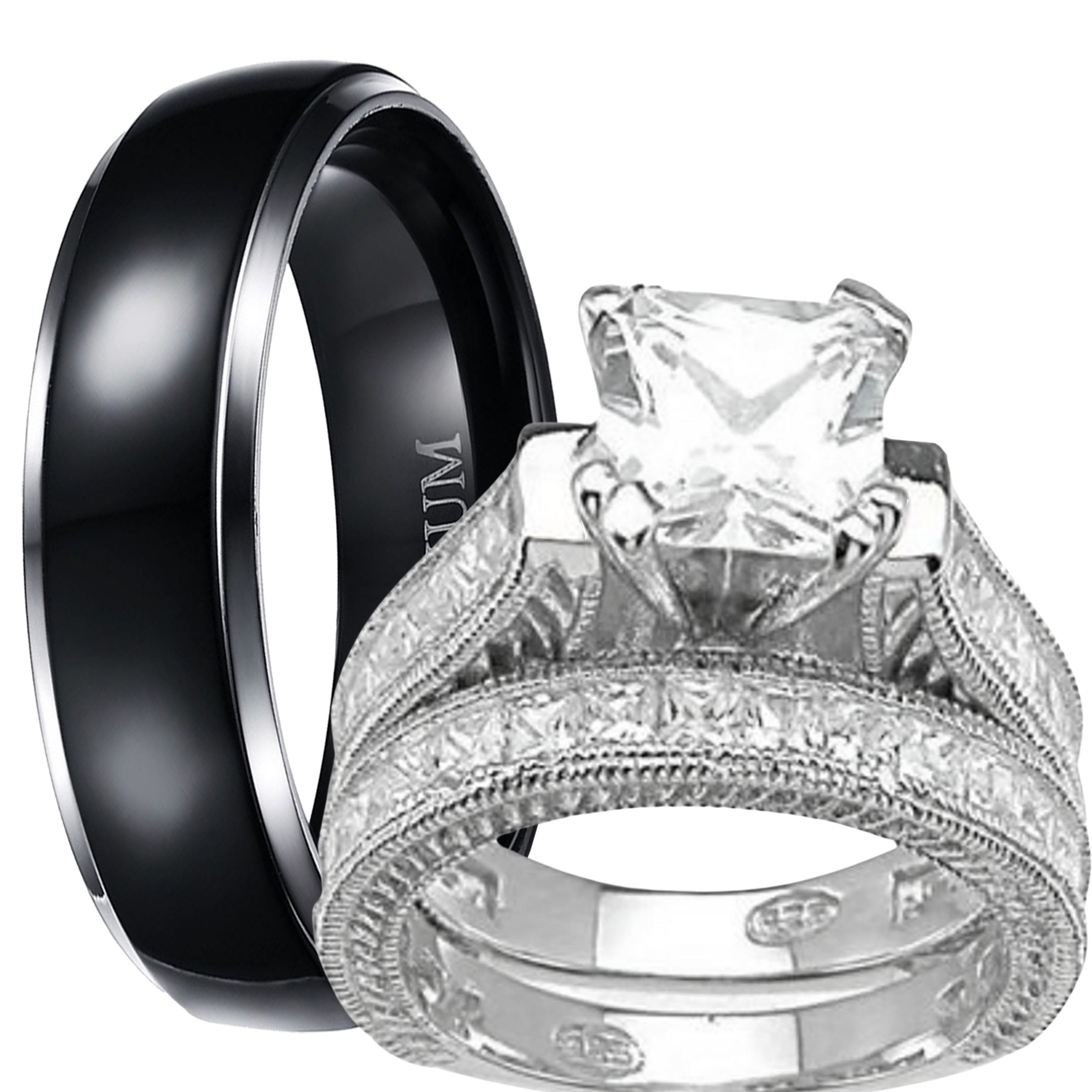 LaRaso & Co His Hers Wedding Ring Set TRIO Silver Black Titanium ...