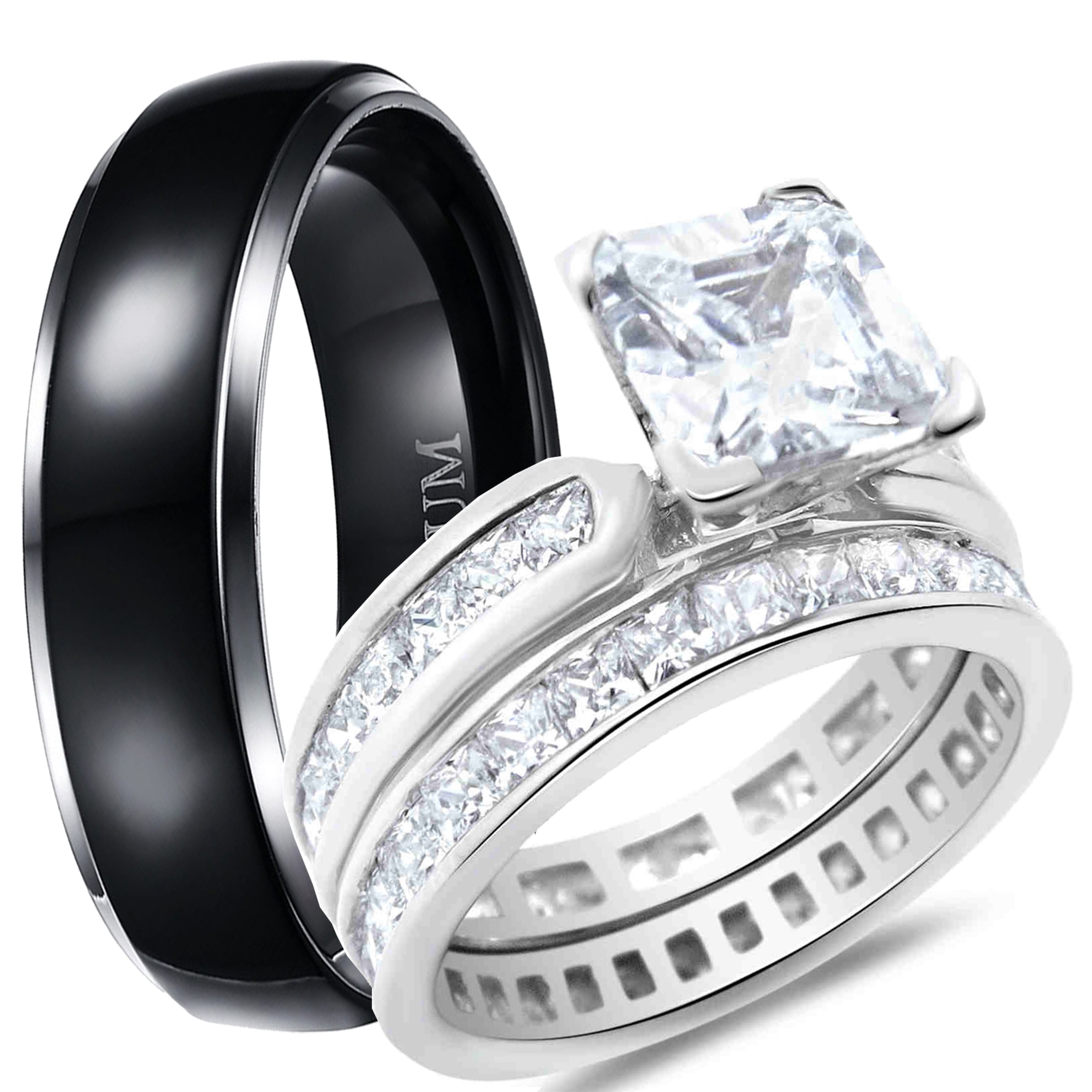 His Hers Wedding Ring Set TRIO Silver Black Titanium Matching Rings for ...