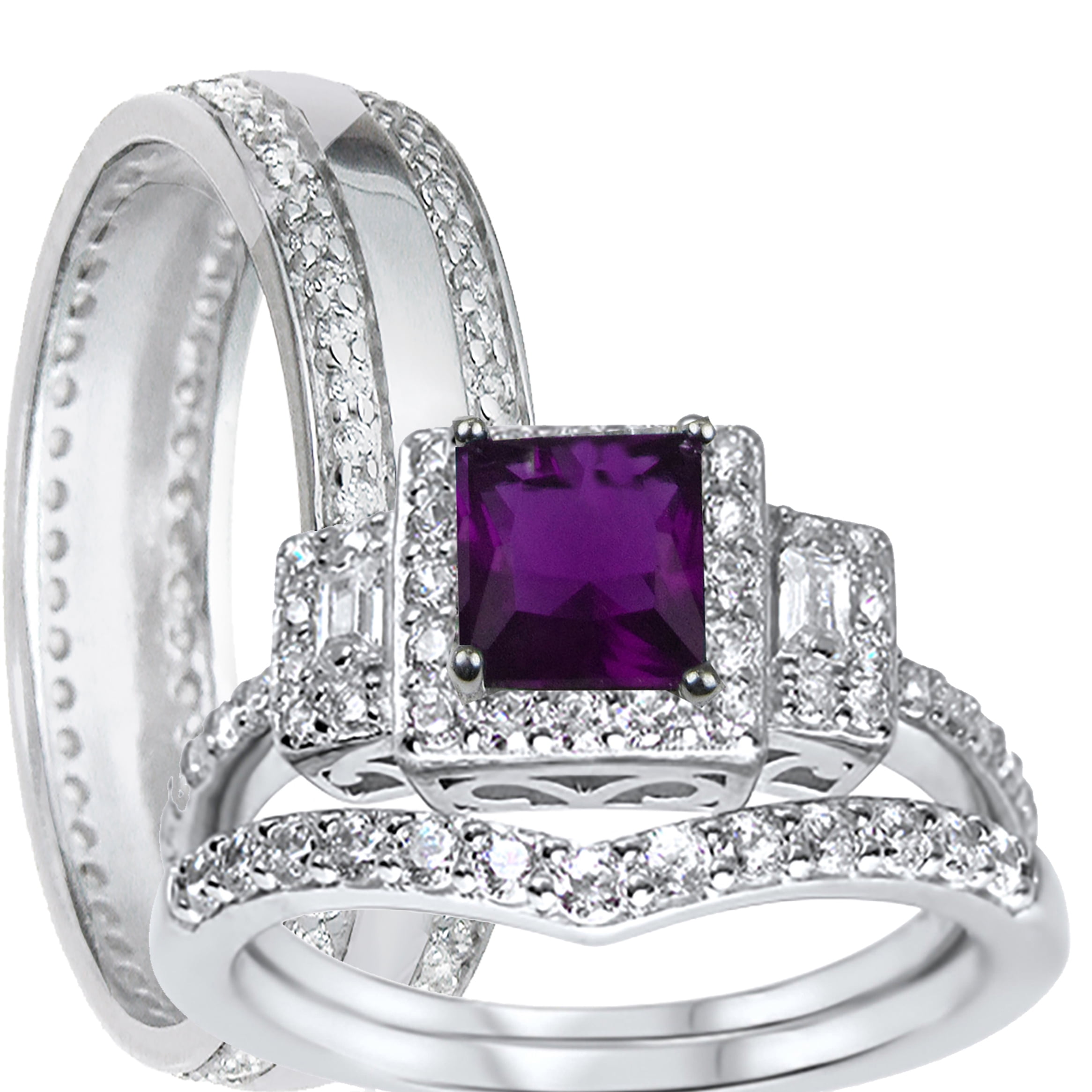 His Hers Wedding Rings Amethyst CZ Bridal Engagement Wedding Set ...