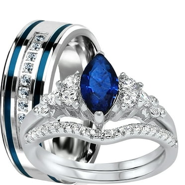 Blue Sapphire Wedding Engagement Trio Ring Set in 14k Black Gold ...