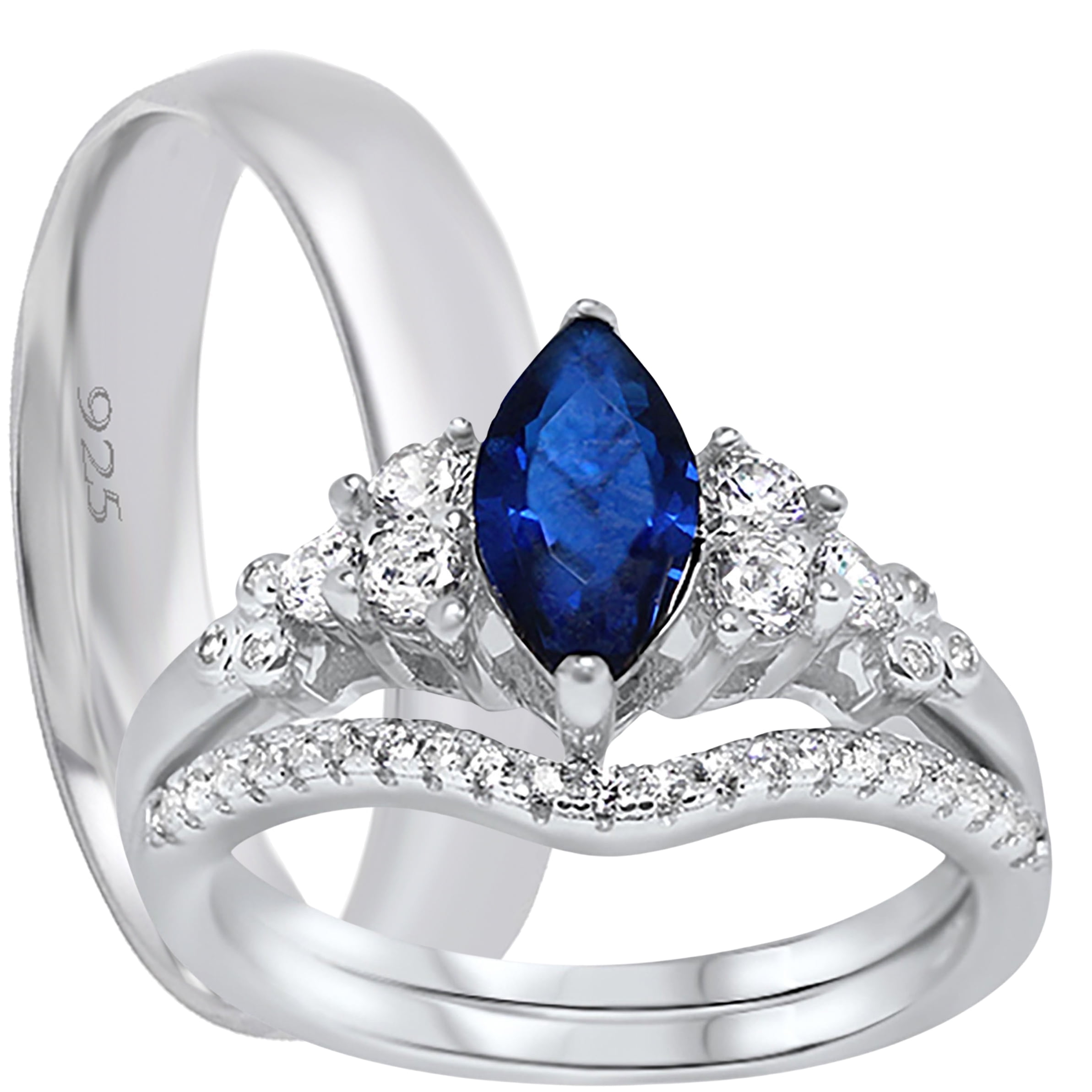 LaRaso & Co His Hers Wedding Rings Set Sterling Silver Blue Engagement ...