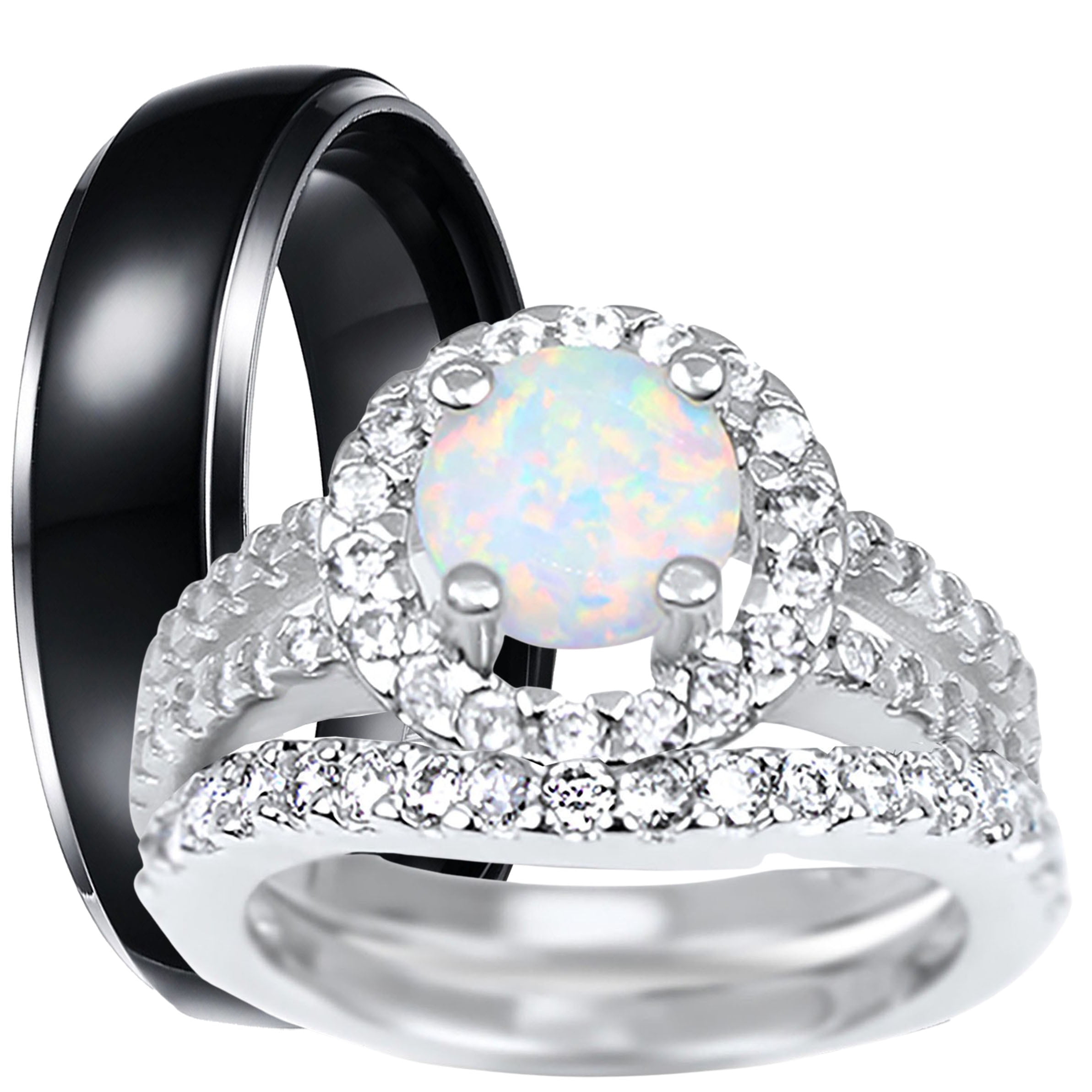 LaRaso & Co His Hers Wedding Rings White Opal Black Silver Wedding ...