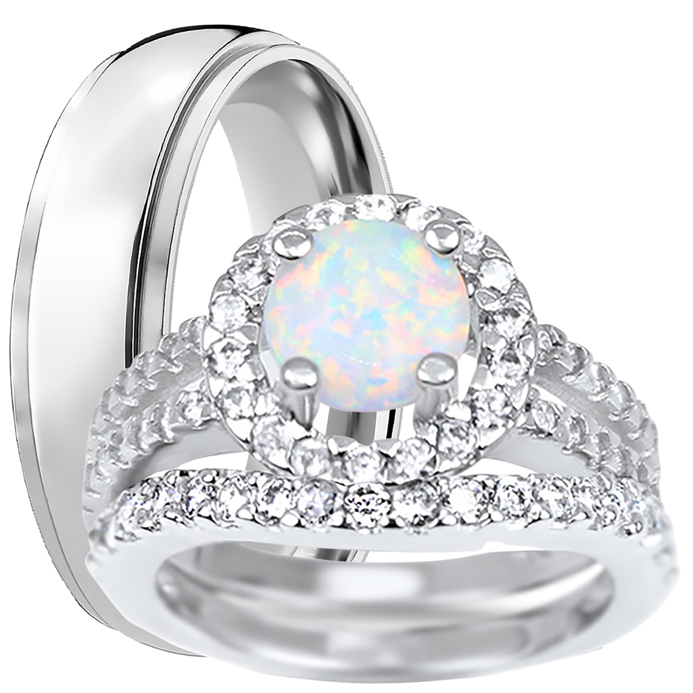 LaRaso & Co His Hers Wedding Rings White Opal Silver Titanium Wedding ...