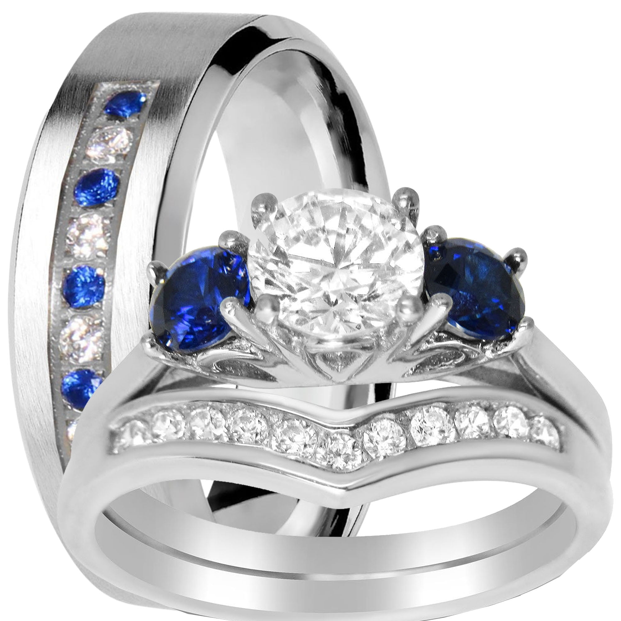 LaRaso & Co His Hers Wedding Ring Set Blue Silver TRIO Wedding Rings ...