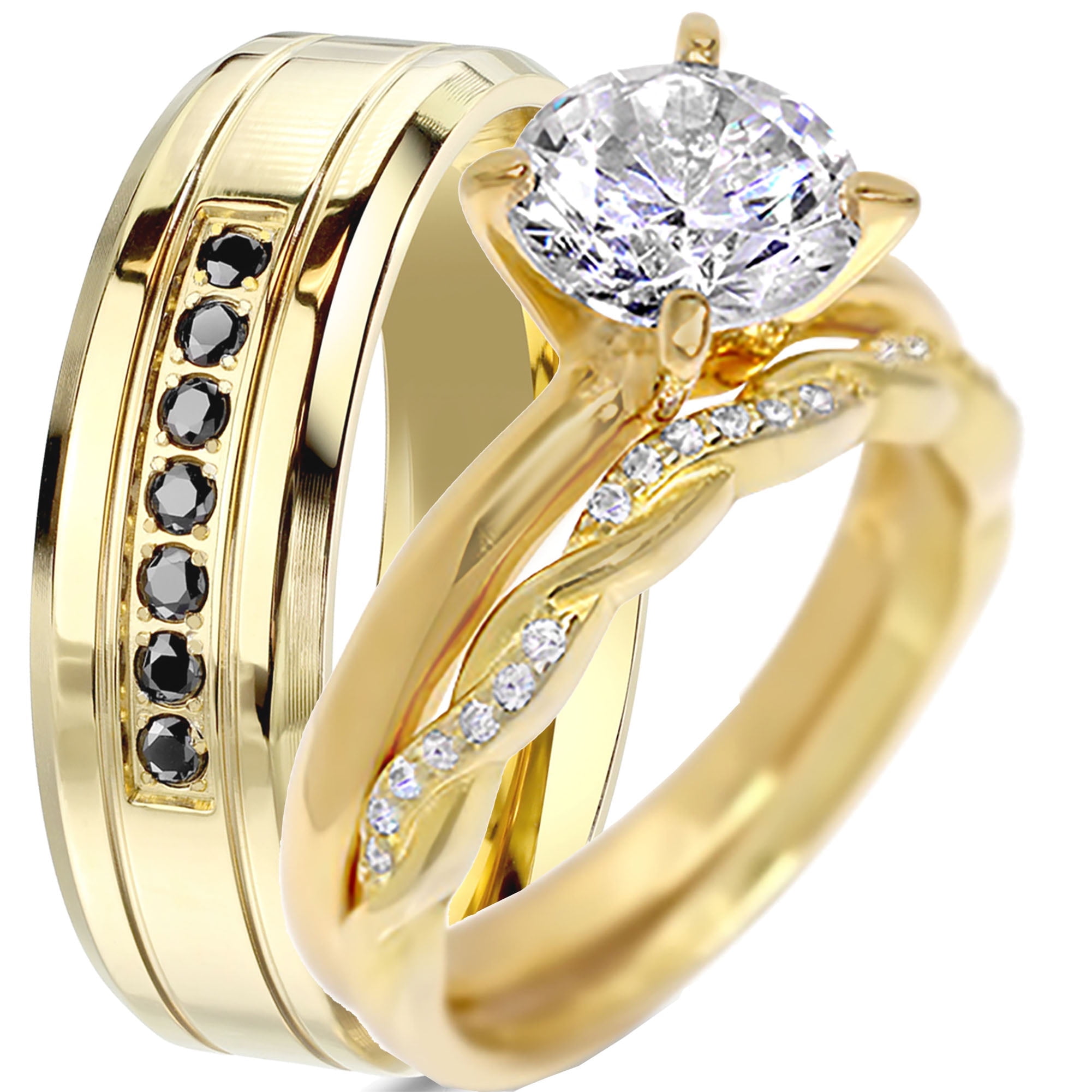 LaRaso & Co His Hers Wedding Set Matching Black Gold TRIO Bridal Bands ...