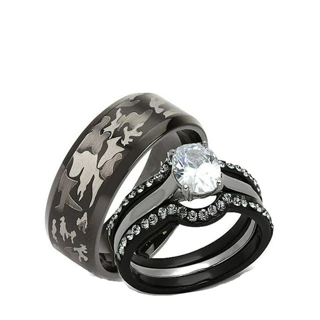 His Hers Women and Men 4 Piece Black Stainless Steel Wedding Ring Set ...