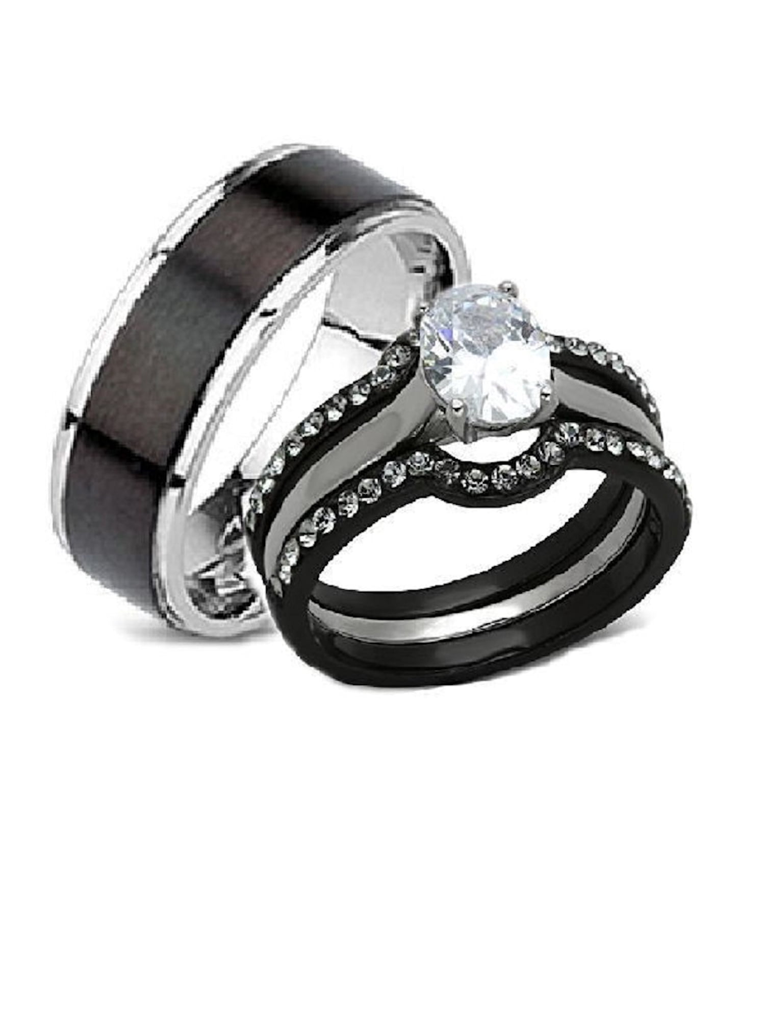His Hers Women and Men 4 Piece Wedding Engagement Ring Set Black ...