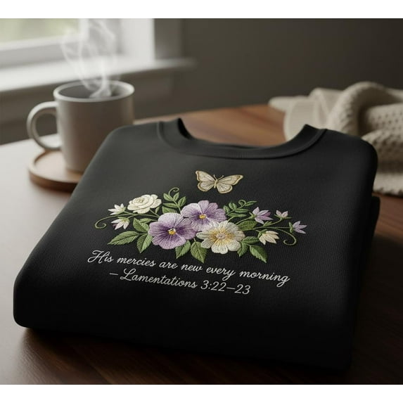 His Mercies Are New Sweatshirt – Embroidered Christian Floral Design ...