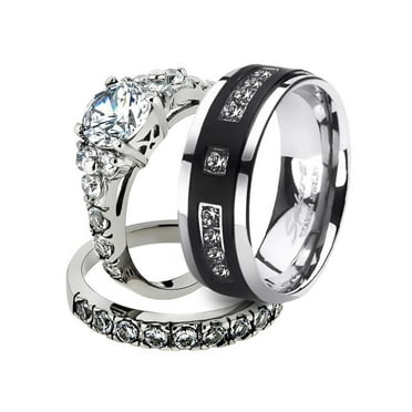 Matching Ring Couple Rings White Gold Plated 1CT CZ Women Wedding Ring ...