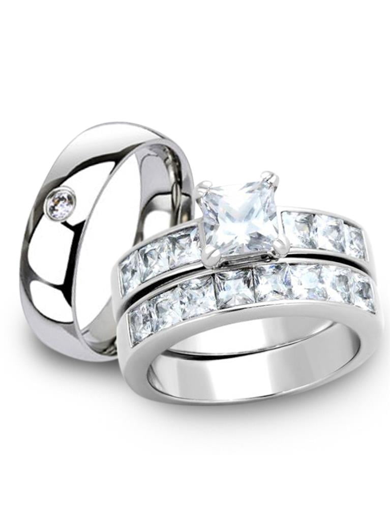 His and Her Stainless Steel 3pc Princess Wedding Ring Set and Men's ...