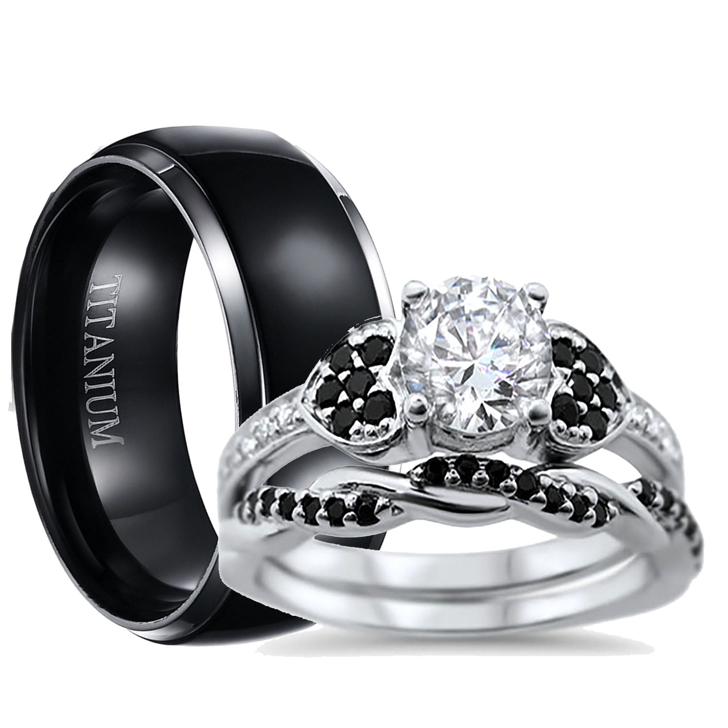 Couple's Matching Marriage Trio Set - Sterling Silver & Black Titanium ...
