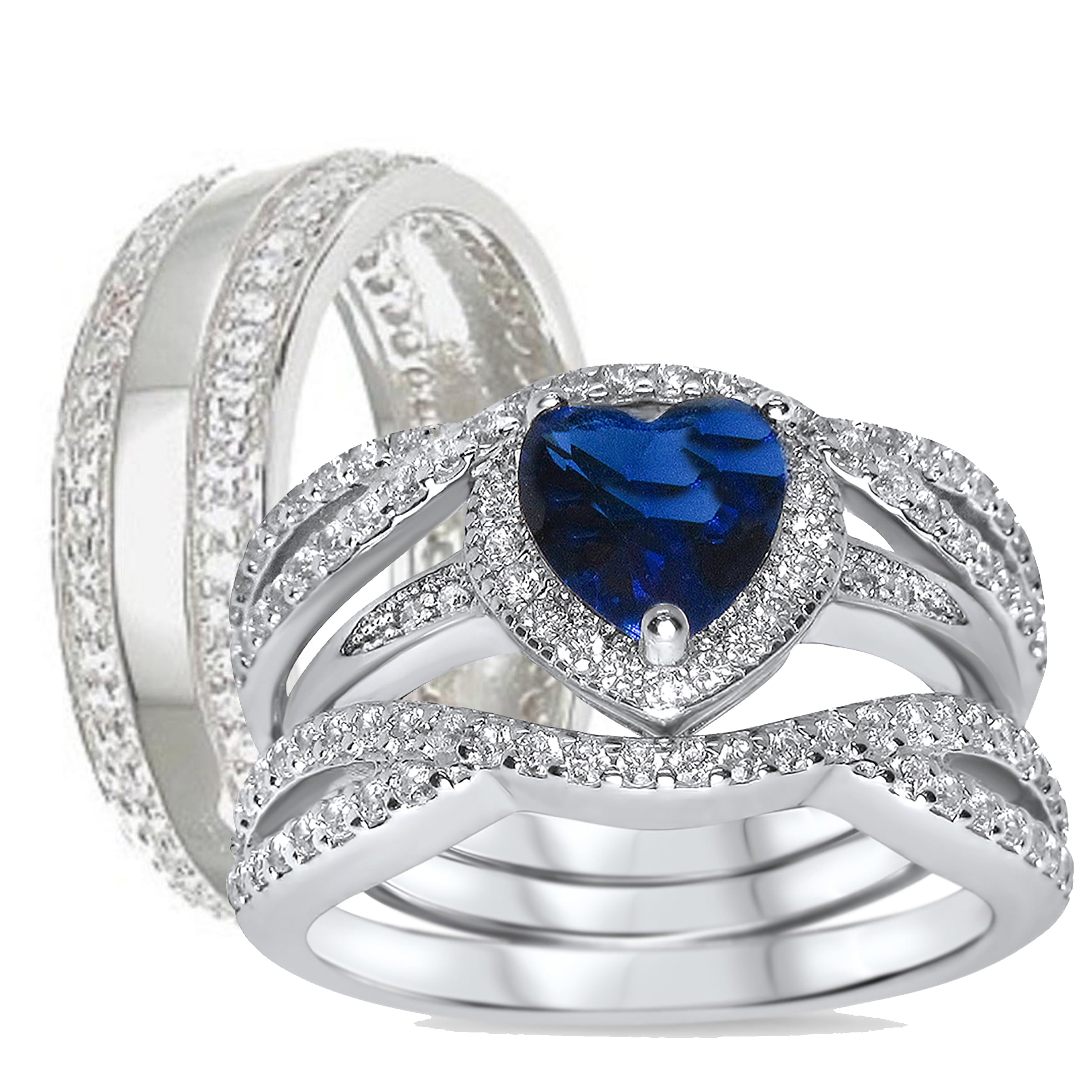 His and Hers 3 Piece Trio Sterling Silver Wedding Band Engagement Ring ...