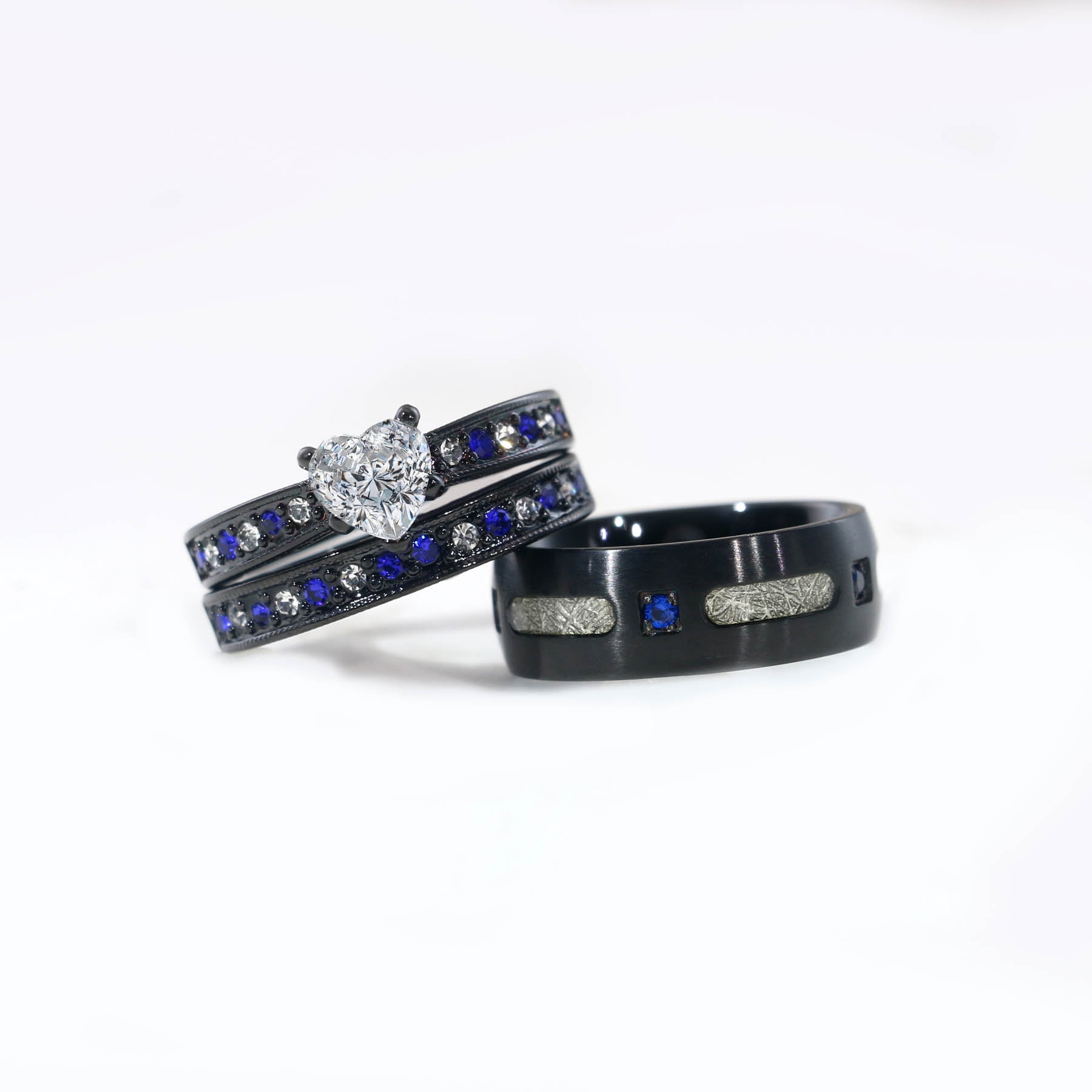 His and Hers Ring Couple Rings Black And Blue Heart 1CT Cz Womens Wedding Ring Sets Titanium ...