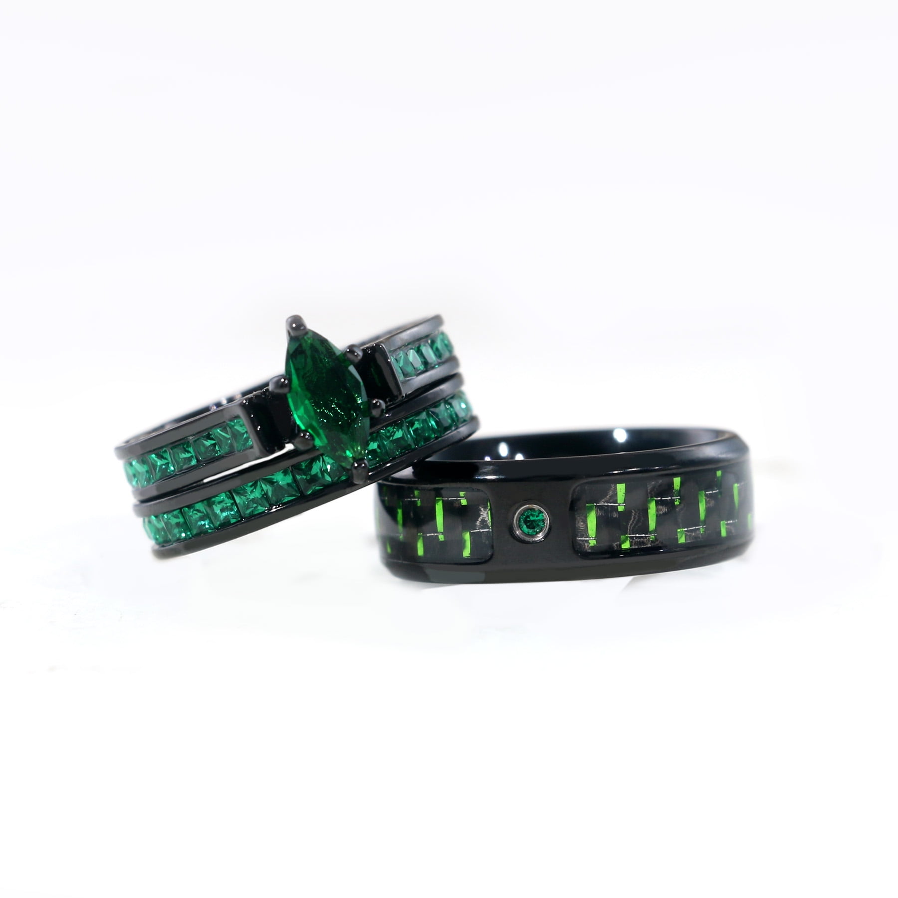 His and Hers Ring Couple Rings Crown Ring Black Plated Marquise 1CT Green CZ Womens Wedding Ring ...