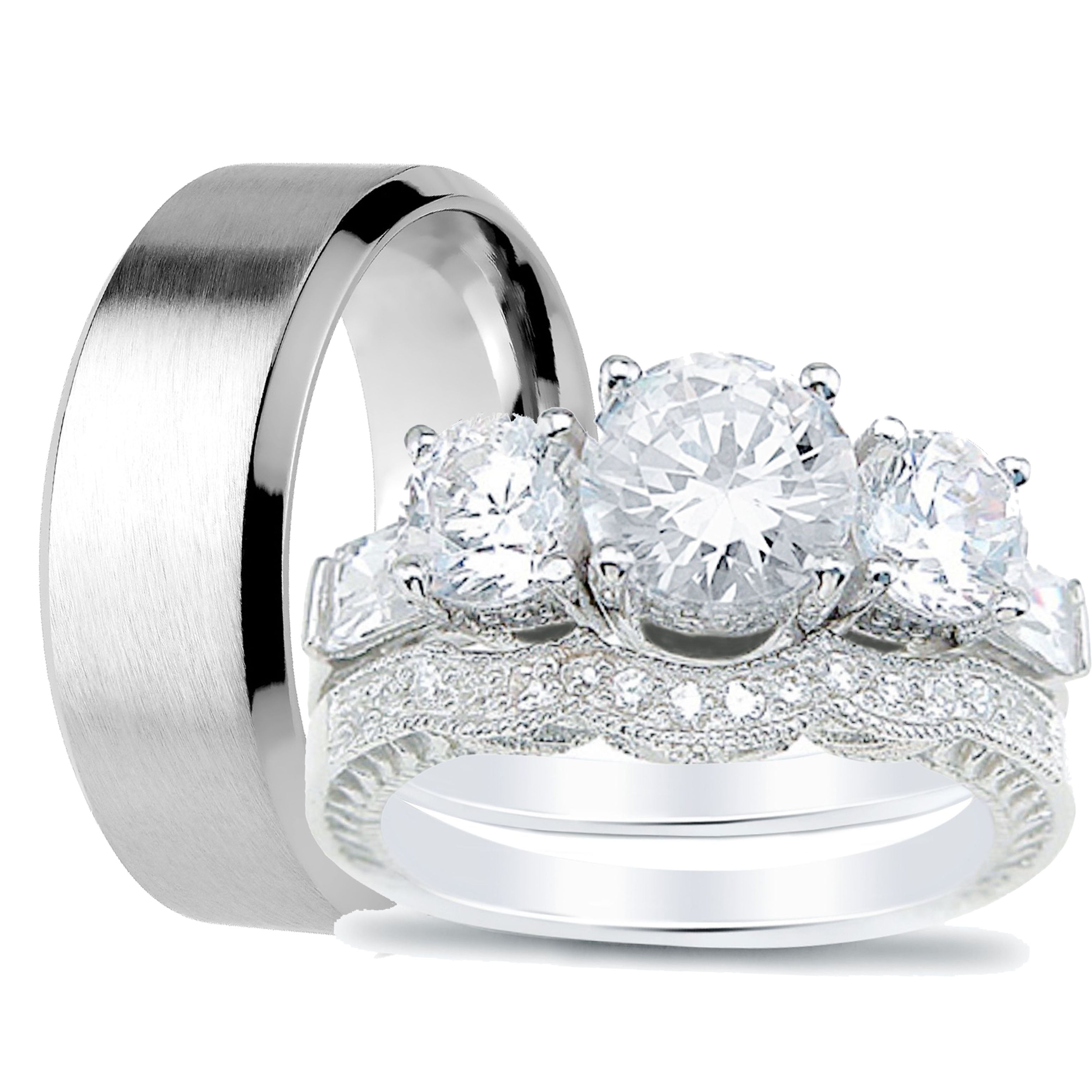 His and Hers Trio Wedding Ring Set Matching Bands for Him Size 13 and ...