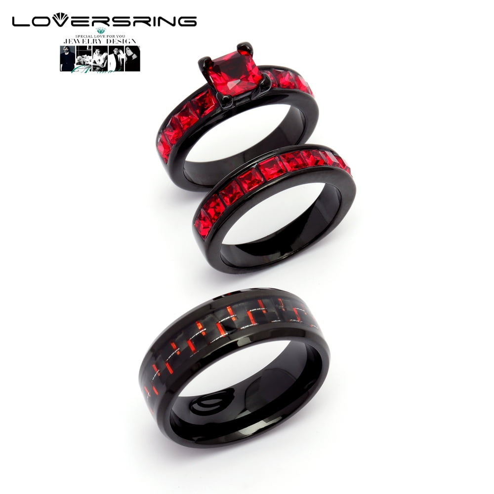 His and Hers Wedding Ring Sets Couples Rings Black Gold Plated Red Ruby ...
