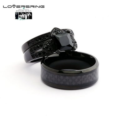 Black Matching Rings His and Her Rings Couple Rings 1ct CZ Wedding Ring ...