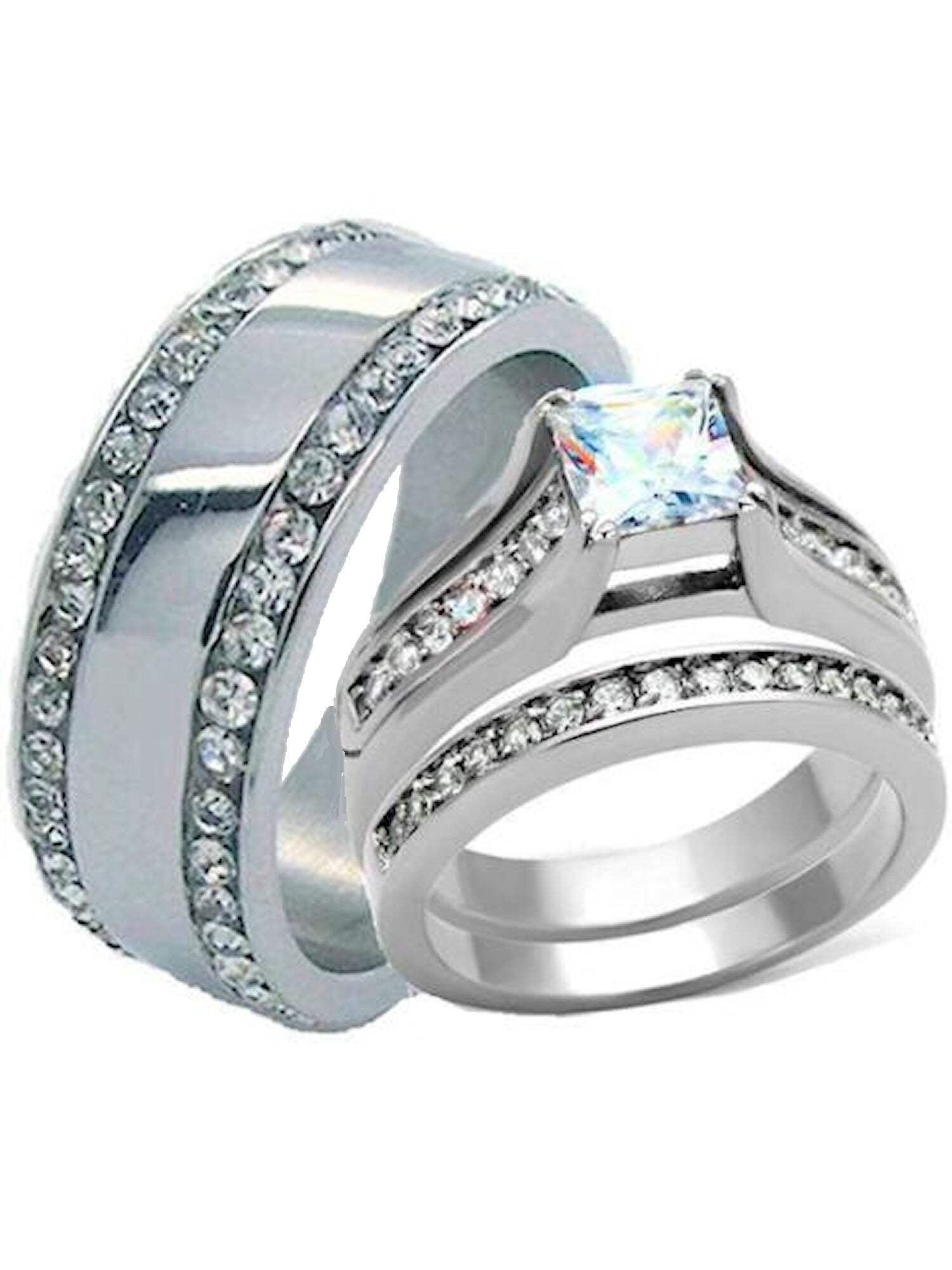 His and Hers Wedding Rings Princess Cut Cz Set Stainless Steel Eternity ...