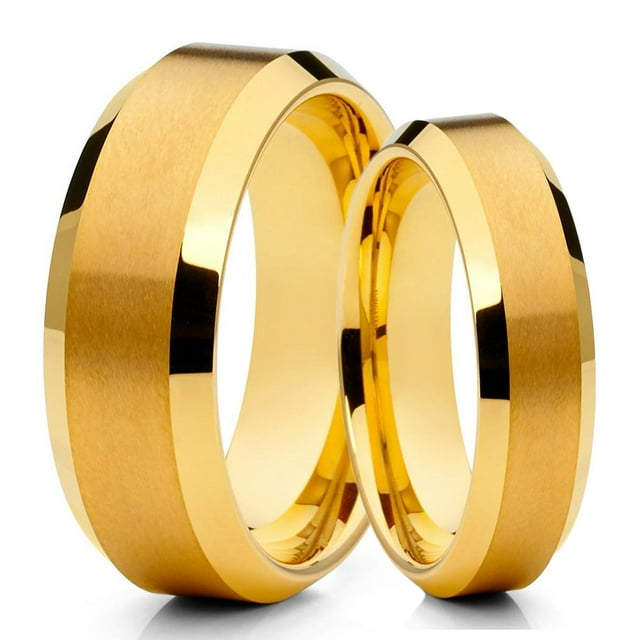 His and Hers Yellow Gold Tungsten Ring - 6mm & 8mm - Yellow Gold ...