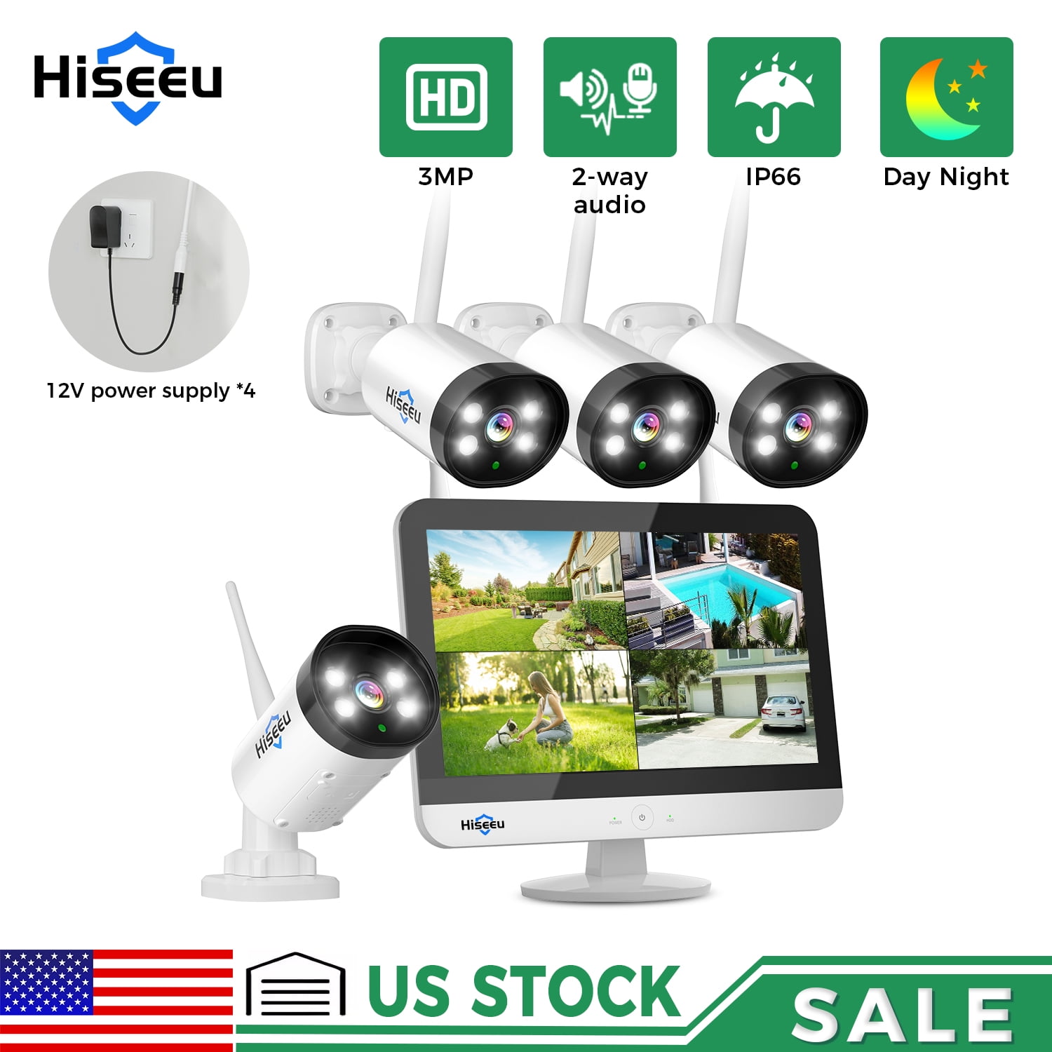 Hiseeu 10CH Wireless Security Camera System Outdoor with Monitor 4pcs ...