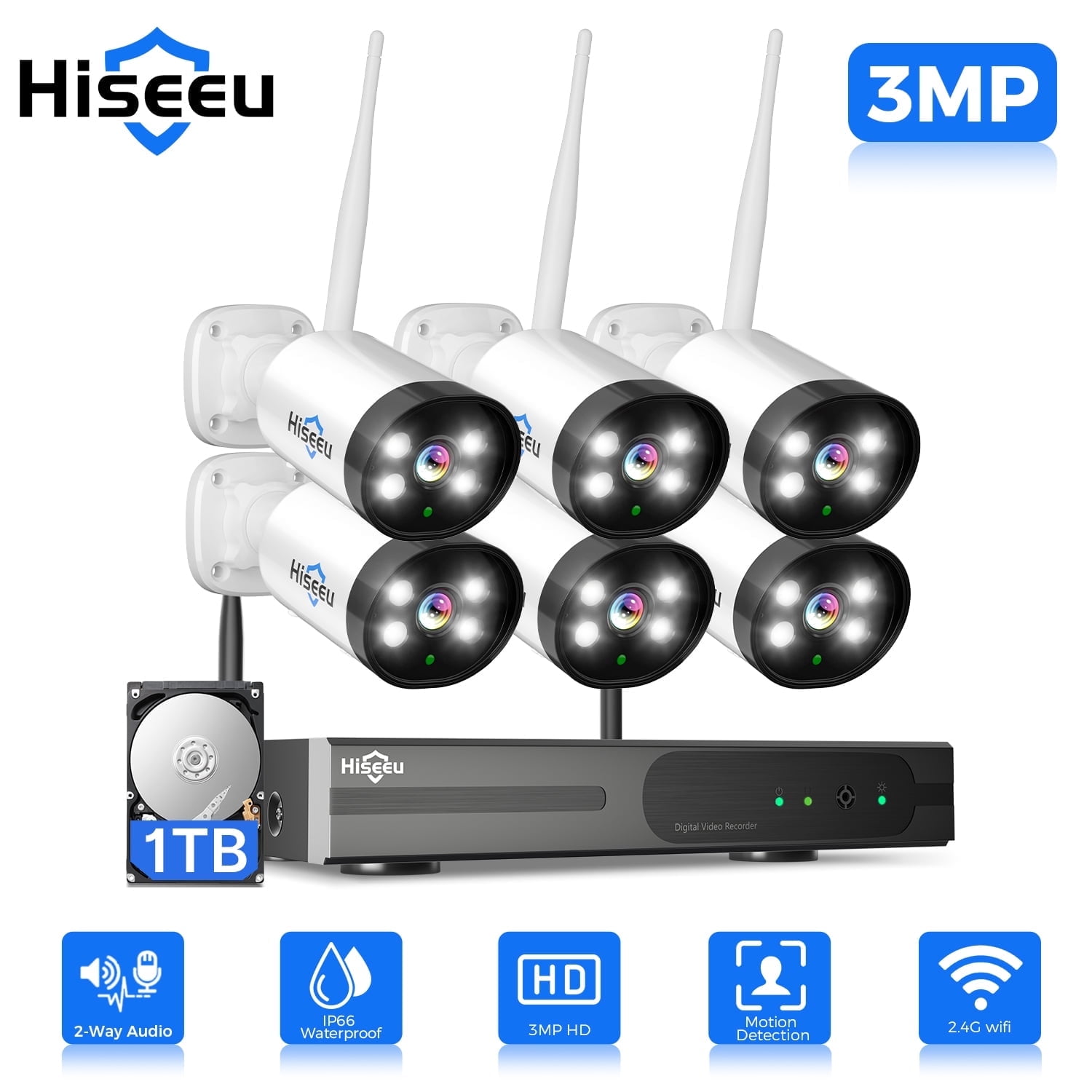 Hiseeu 16CH NVR 3MP Security Camera System WiFi Outdoor IP 2 Way Audio ...