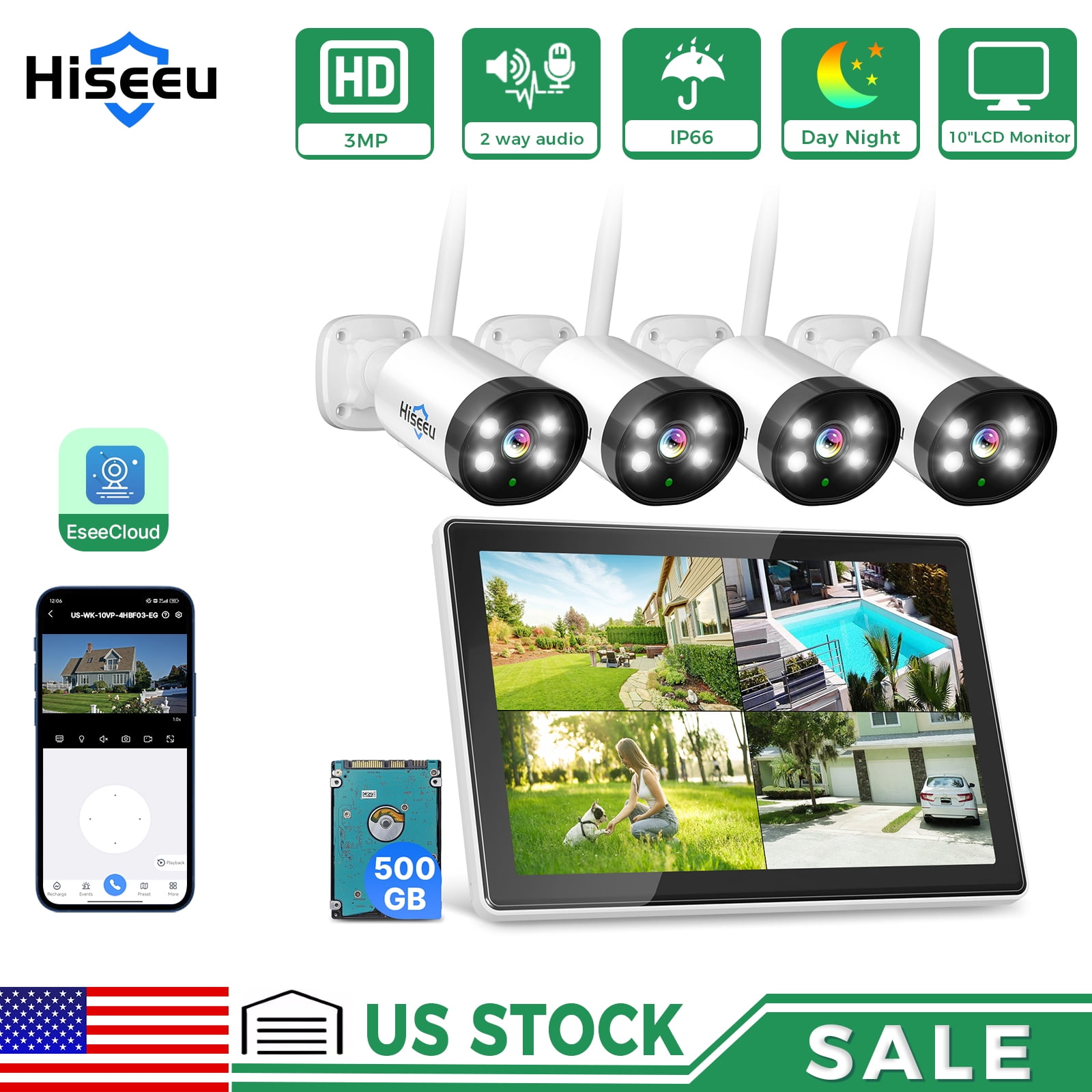 Hiseeu 2K 3MP 10CH 10" Monitor NVR Wifi Security Camera System 2 Way ...